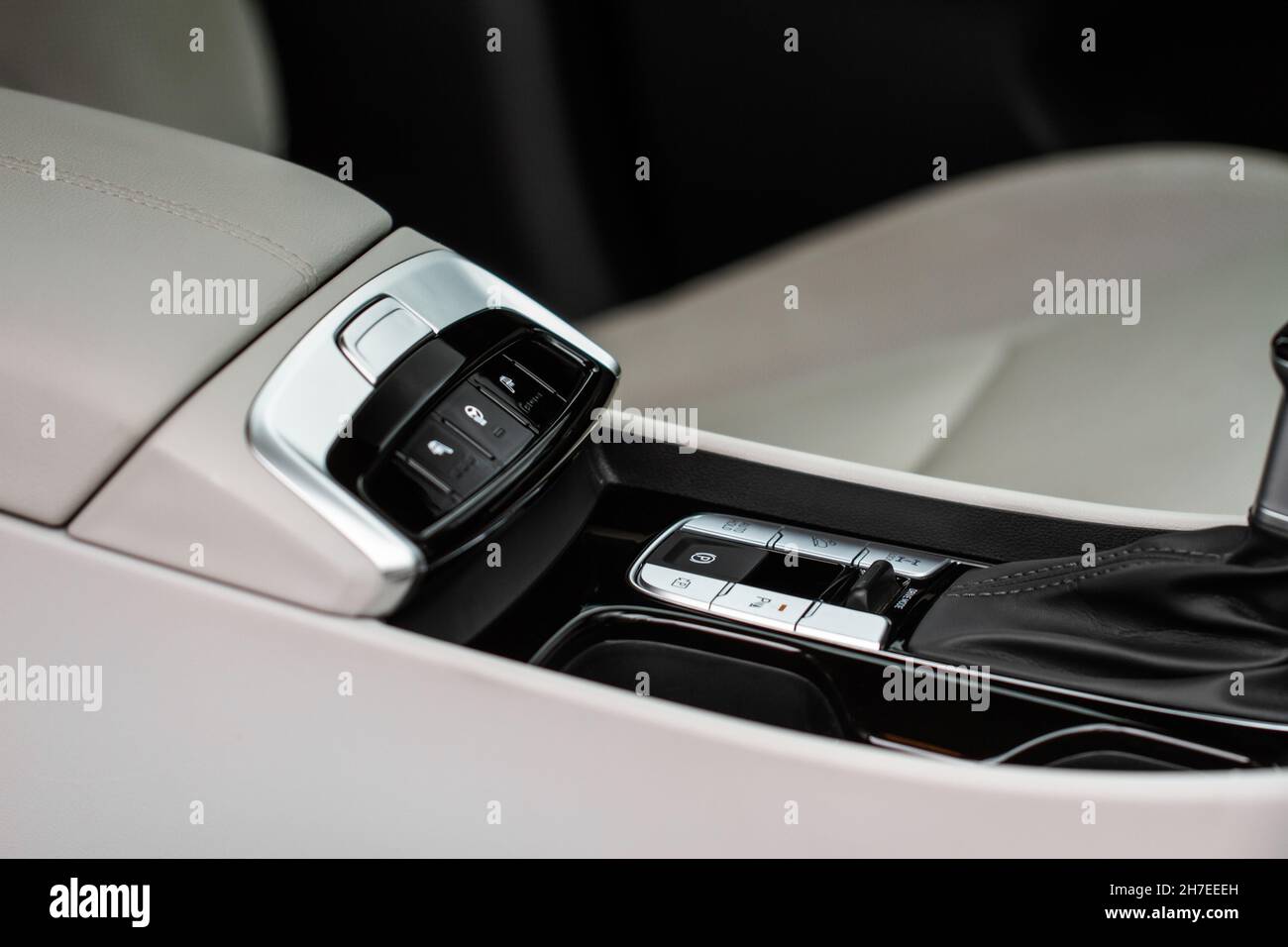 Car interior console close up view. Gear stick with multimedia console ...