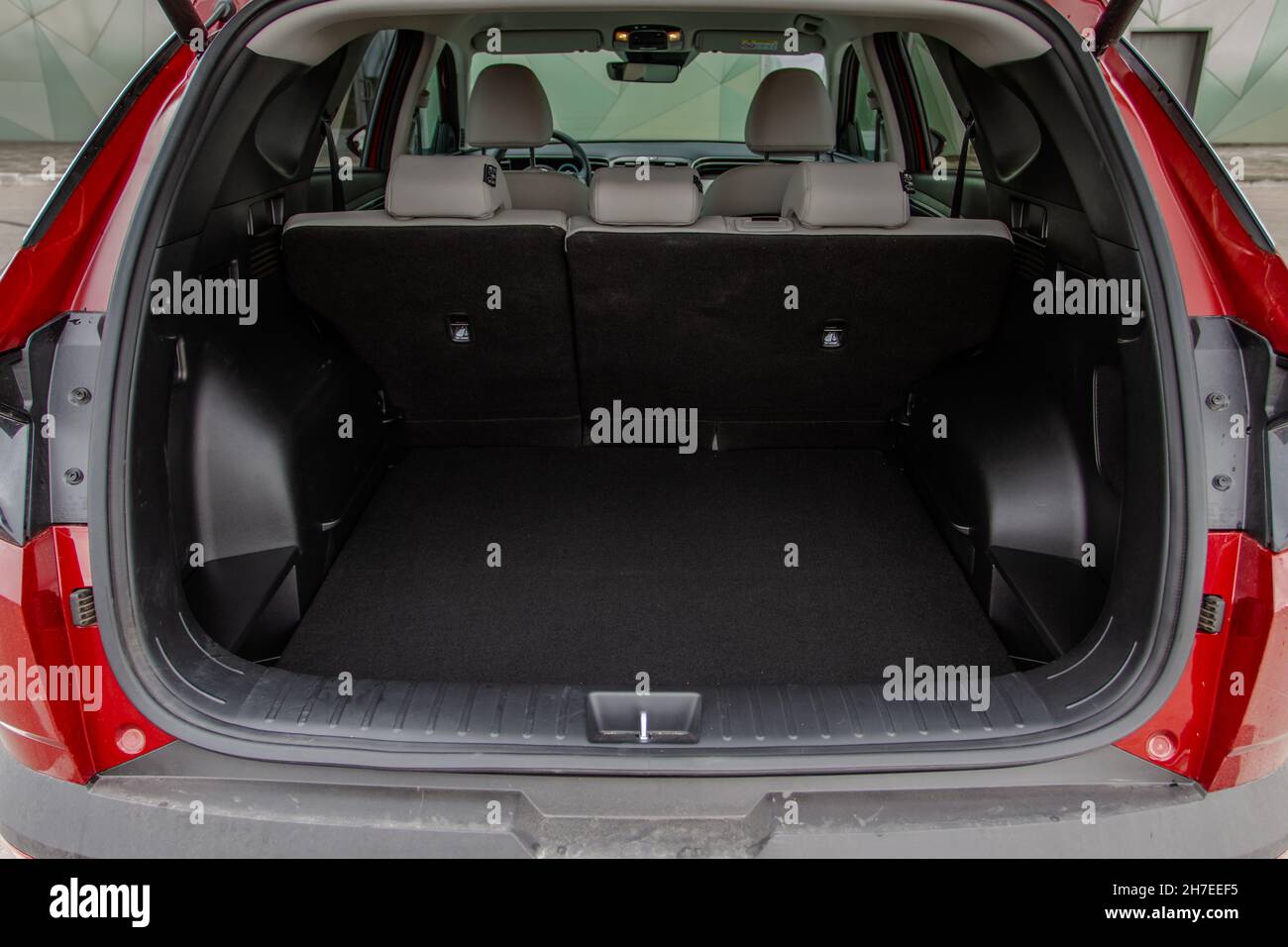 Huge, clean and empty car trunk in interior of compact suv. Rear view ...