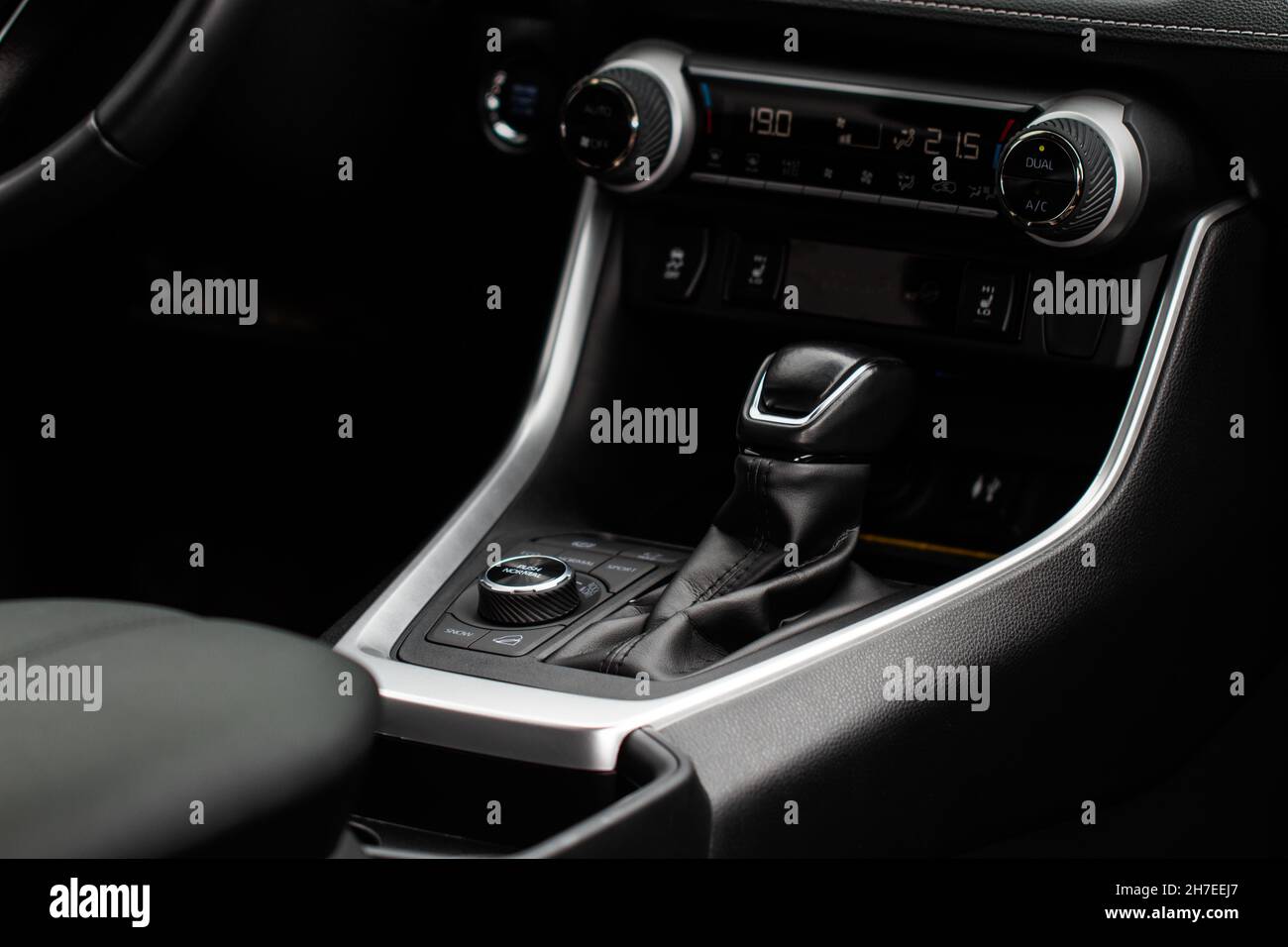 Car interior console close up view. Gear stick with multimedia console ...