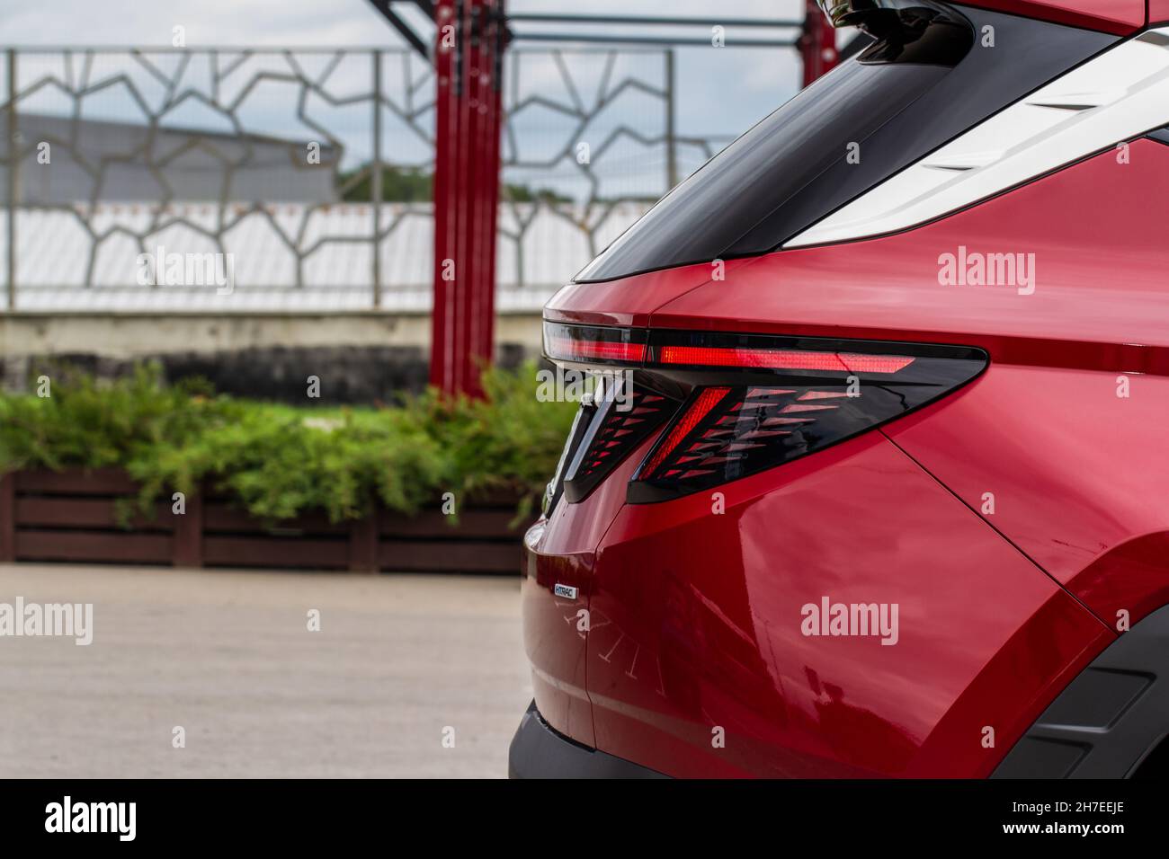 Modern rear light of a car. Brake light and arrow of large suv. Rear ...
