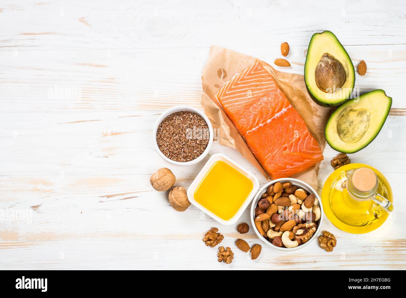 Healthy fats products at white background Stock Photo - Alamy