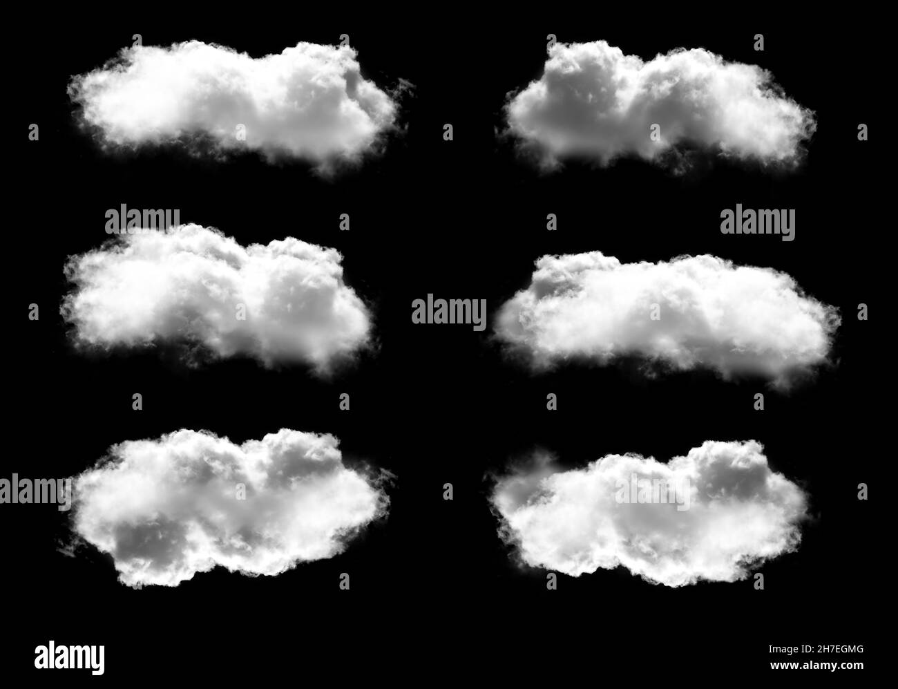 White clouds set isolated over solid black background, realistic cloud ...