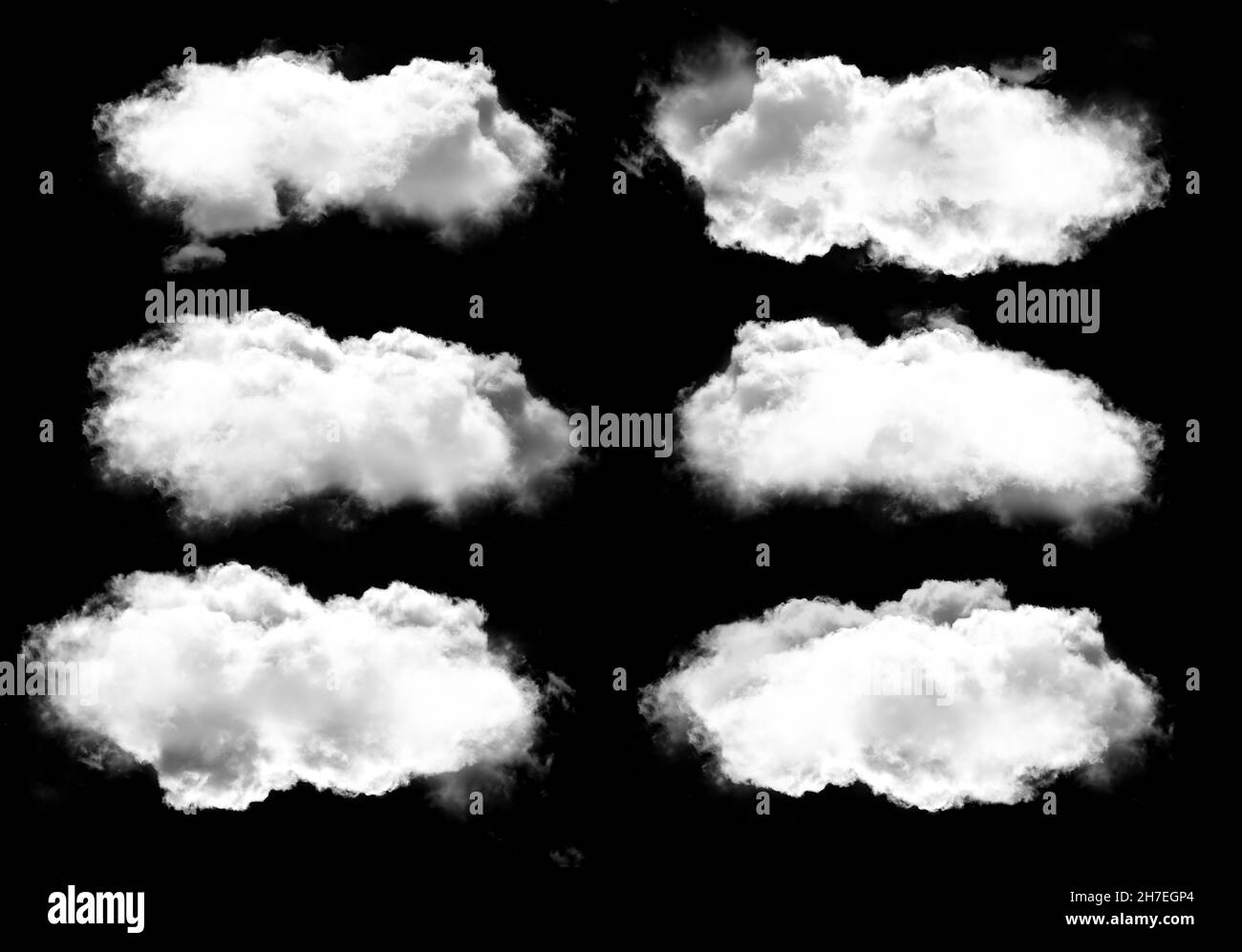 White clouds set isolated over solid black background, realistic cloud ...