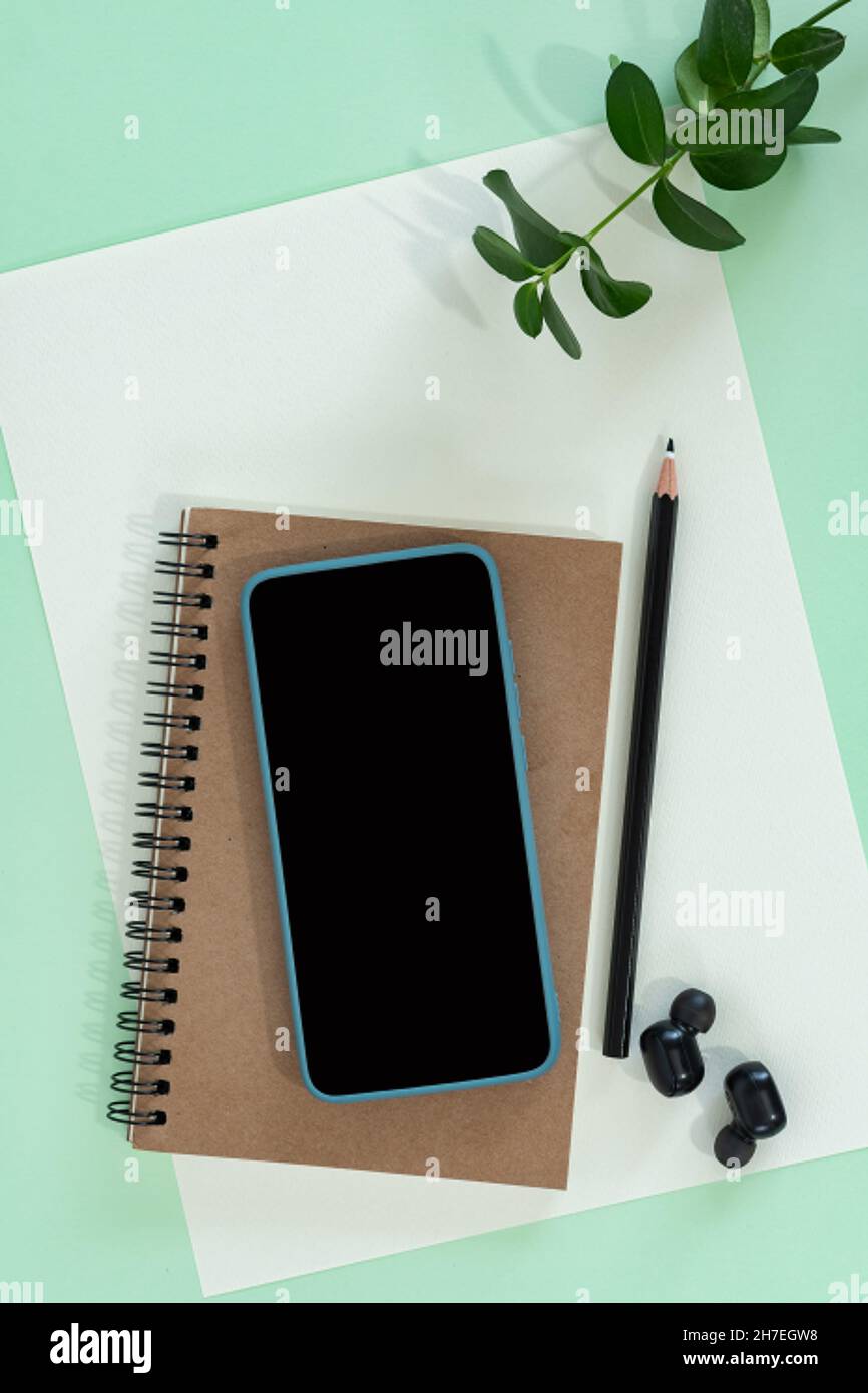 Flat lay of office working objects on a green surface Stock Photo - Alamy