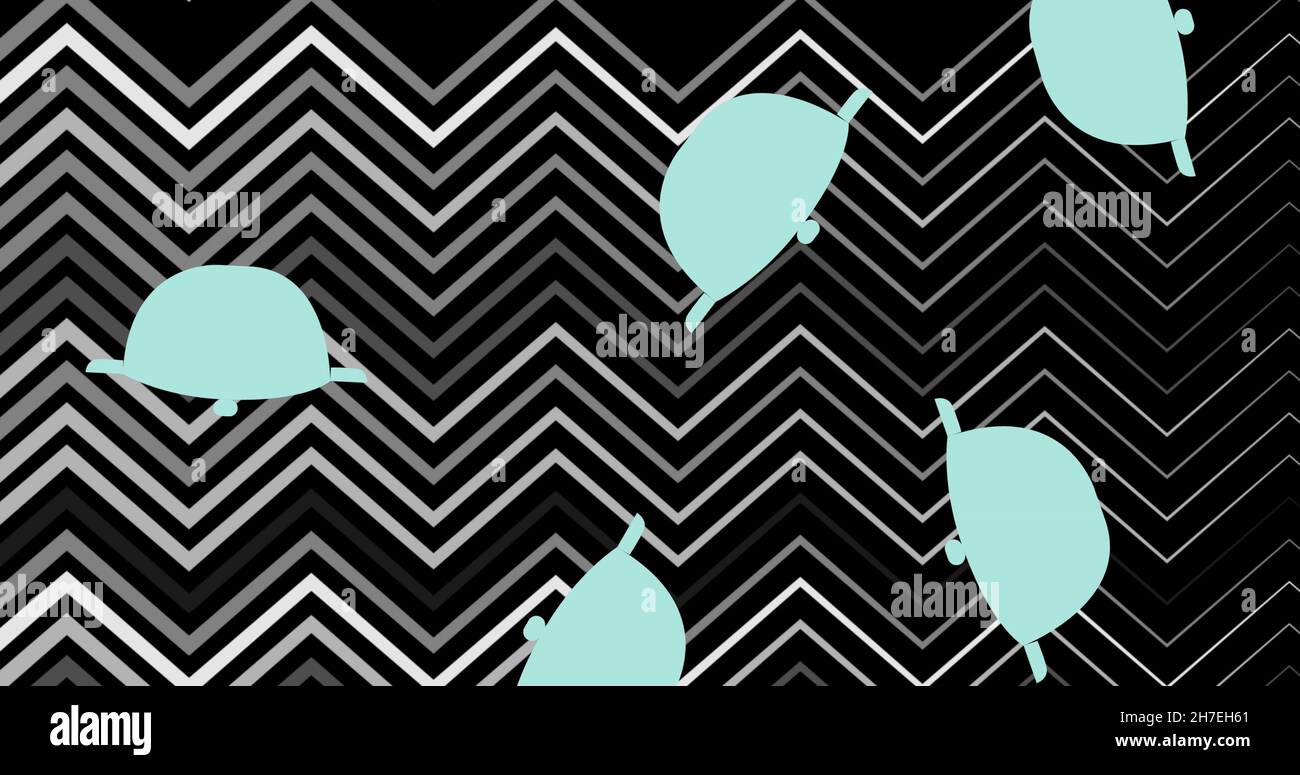 Image of blue cooking pots falling on zigzag grey and black background ...