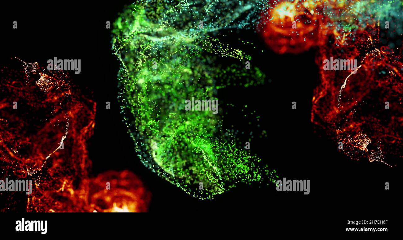 Image of glowing red and green particle clouds moving on black ...