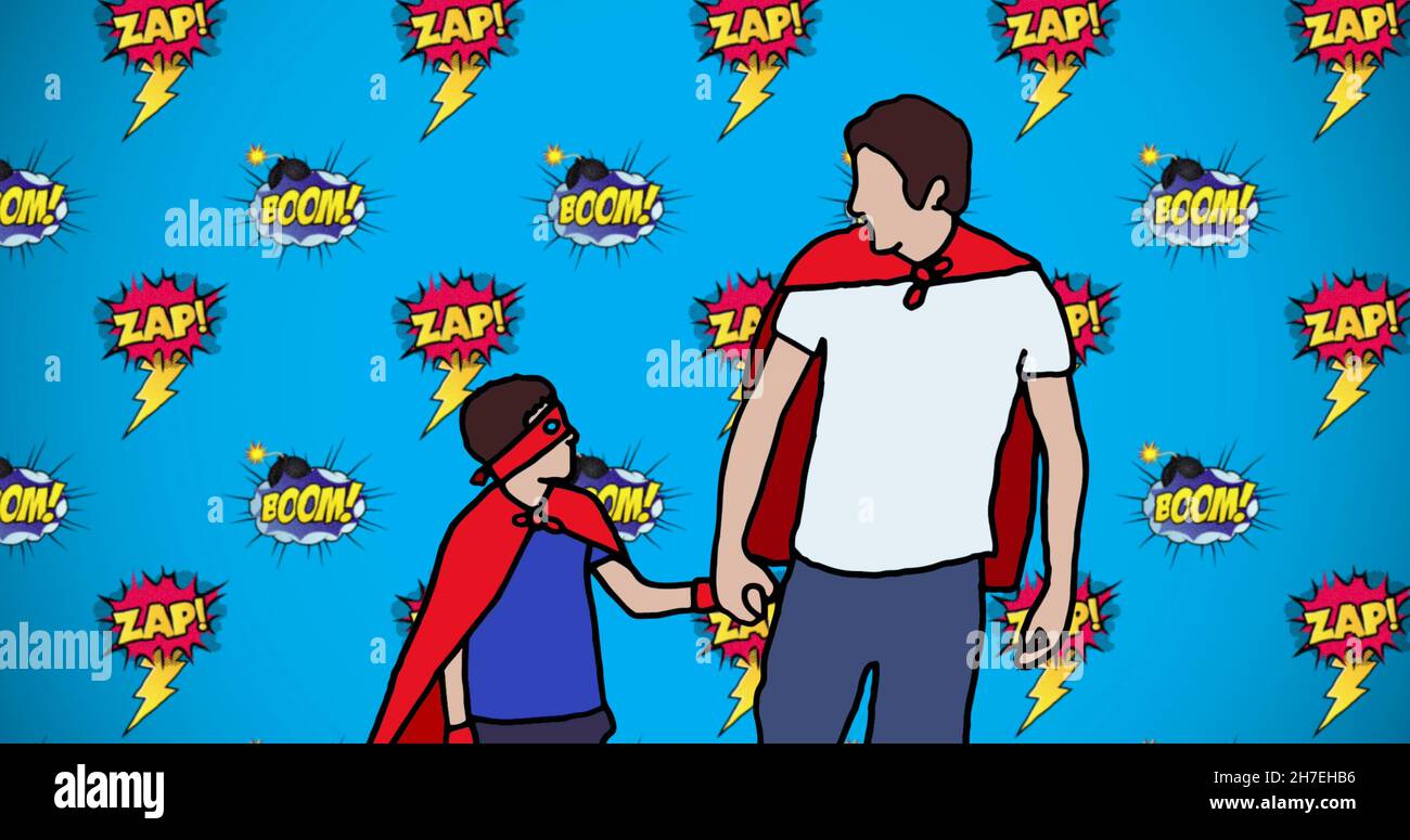 Image of illustration of zap, boom text over father and son holding ...