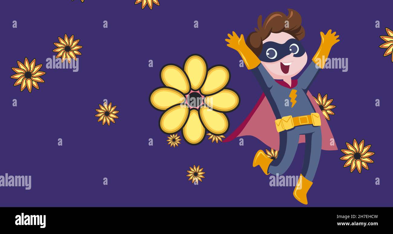Image of illustration of happy boy in superhero costume over yellow ...