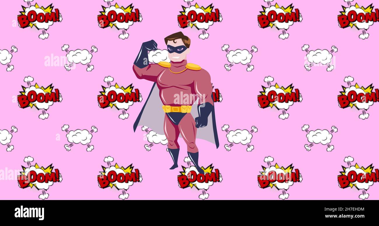 Image of illustration of boom text and explosions with happy male ...