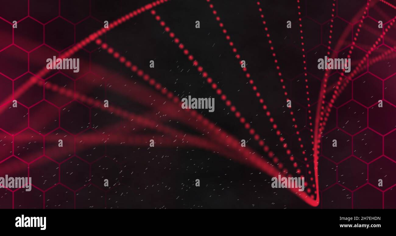 Image of red particles moving to form twisting grid on black background ...