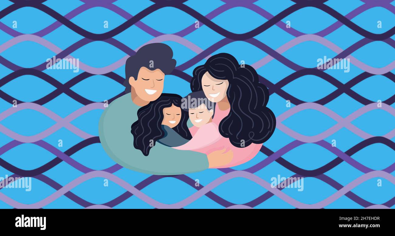 Image of illustration of happy parents hugging son and daughter, over ...