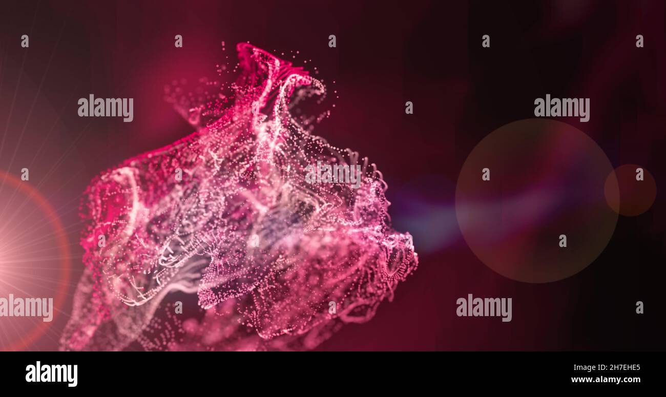 Image of pink and red particles moving with bokeh lights on black ...