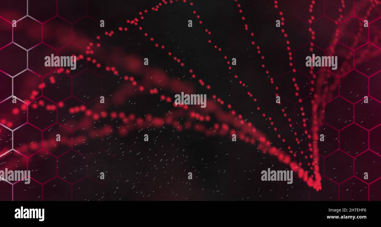 Image of red particles moving to form twisting grid on black background ...