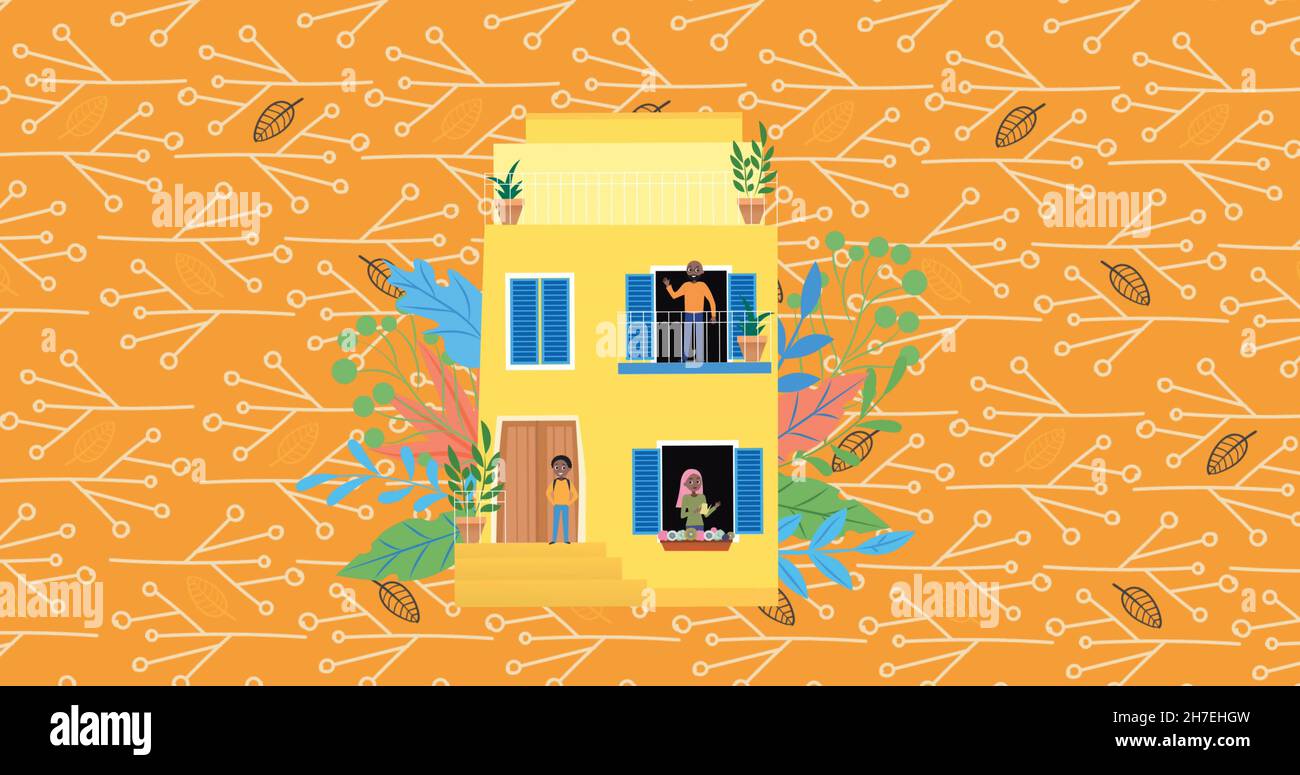 Image of illustration of happy parents and son in yellow house, on ...