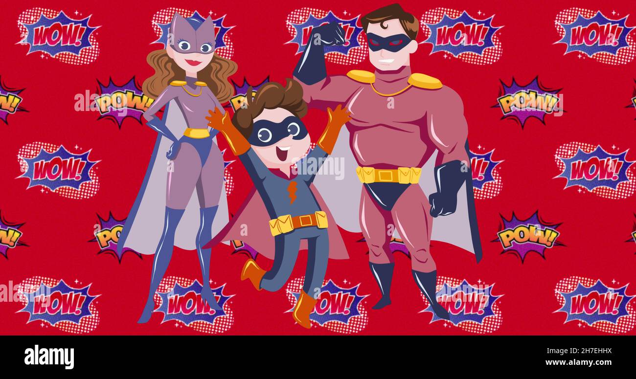 Image of illustration of wow pow text with happy superhero parents and ...