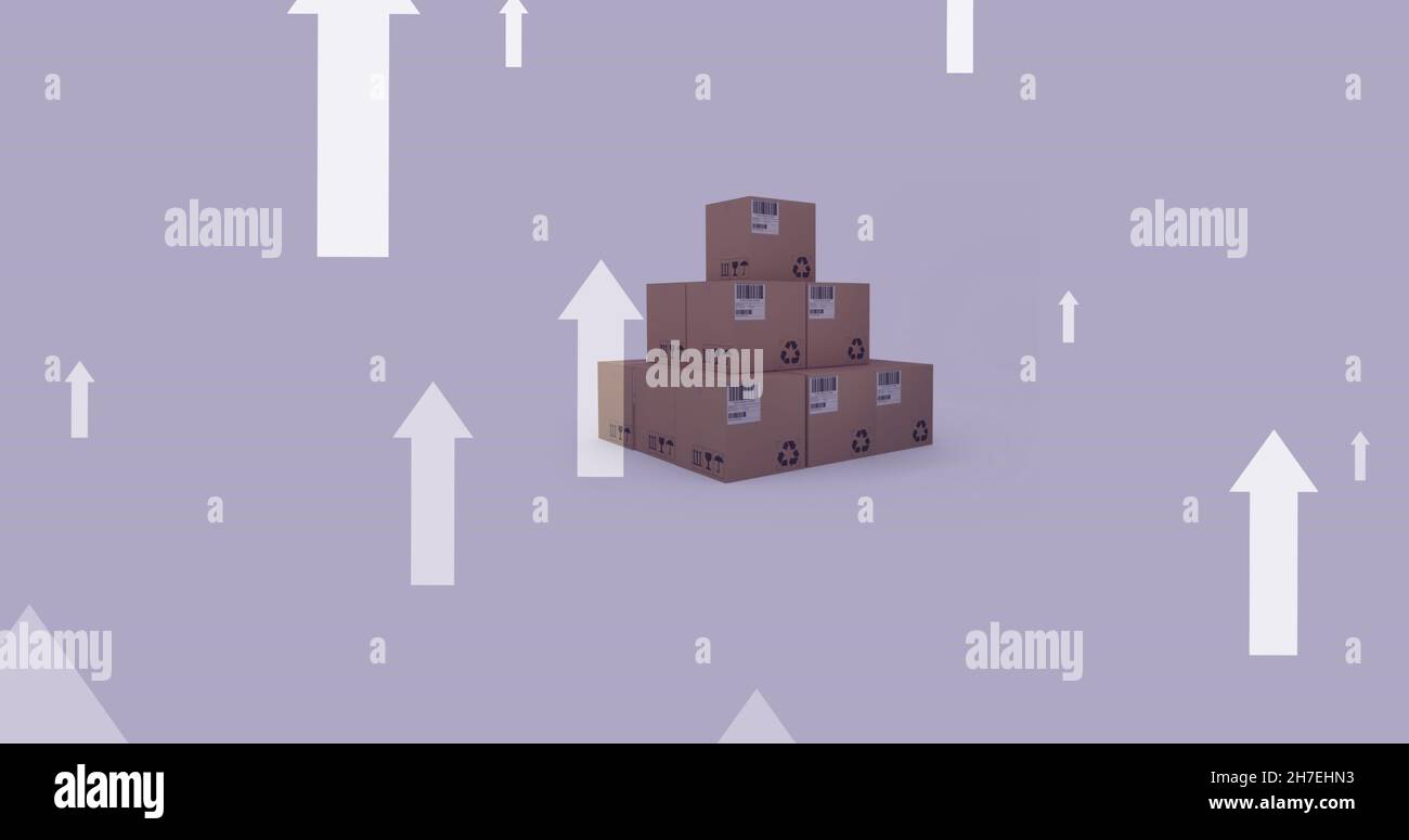 Image of arrows pointing up over stack of boxes on purple background ...
