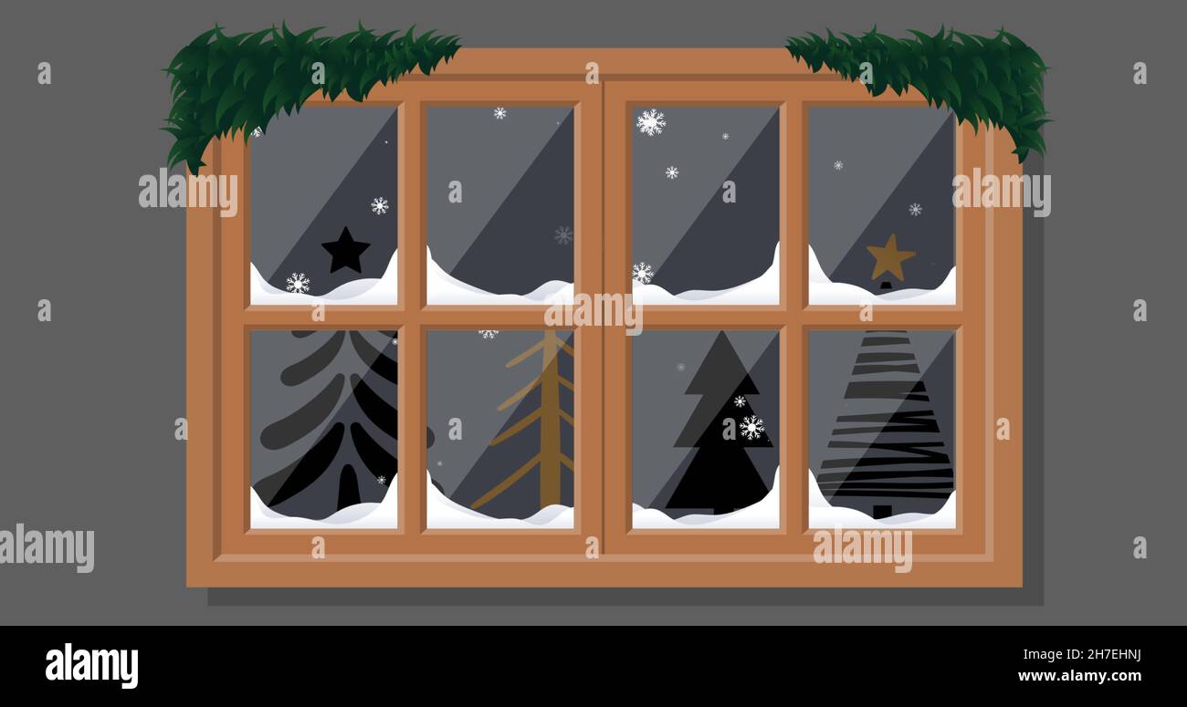 Image of snow falling over christmas trees seen through window Stock ...