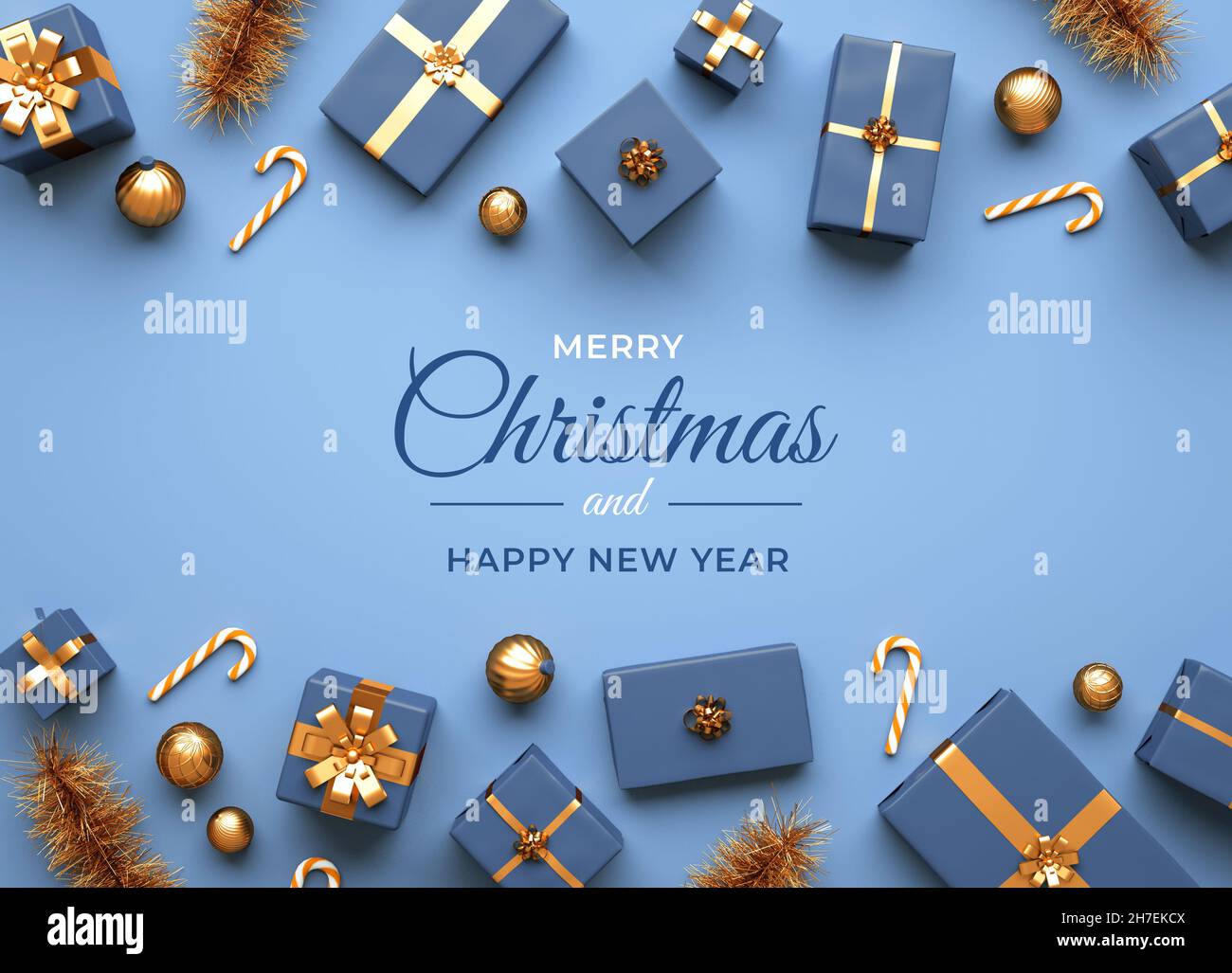 Merry Christmas modern greeting card with gifts, balls and text on a ...