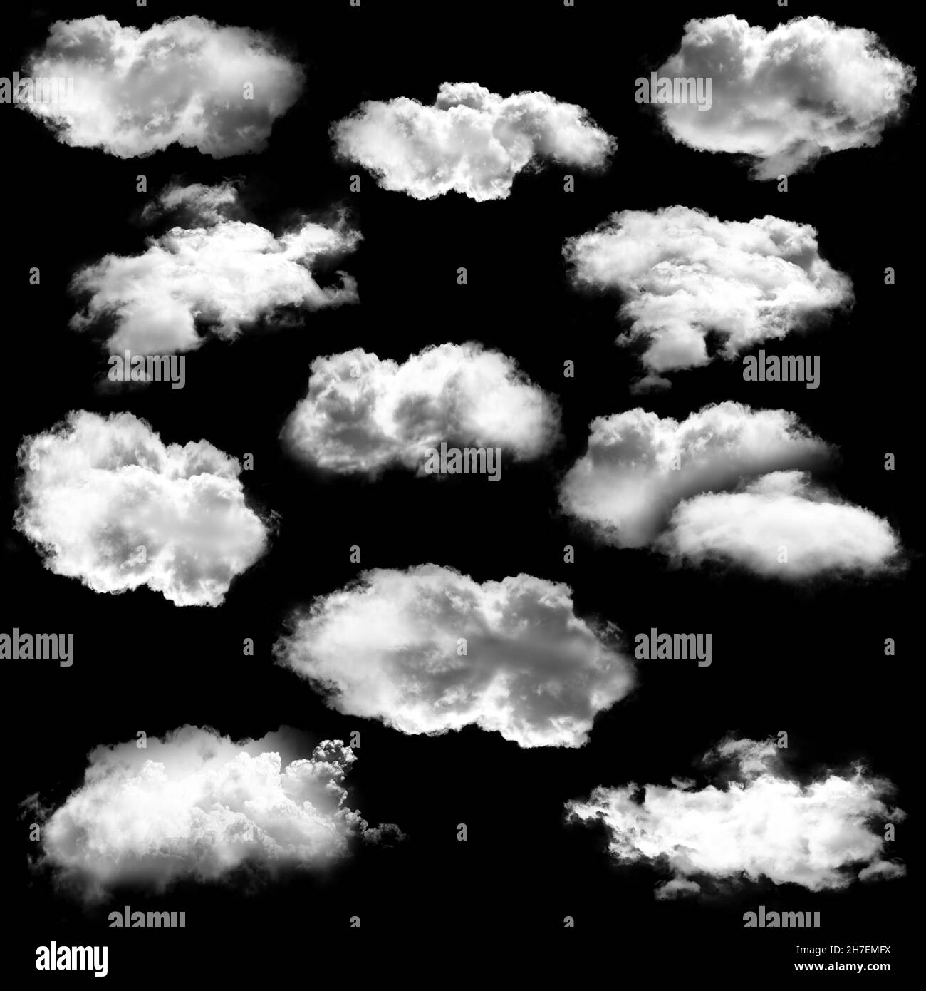 White clouds shapes isolated over black background illustration set, 3D ...