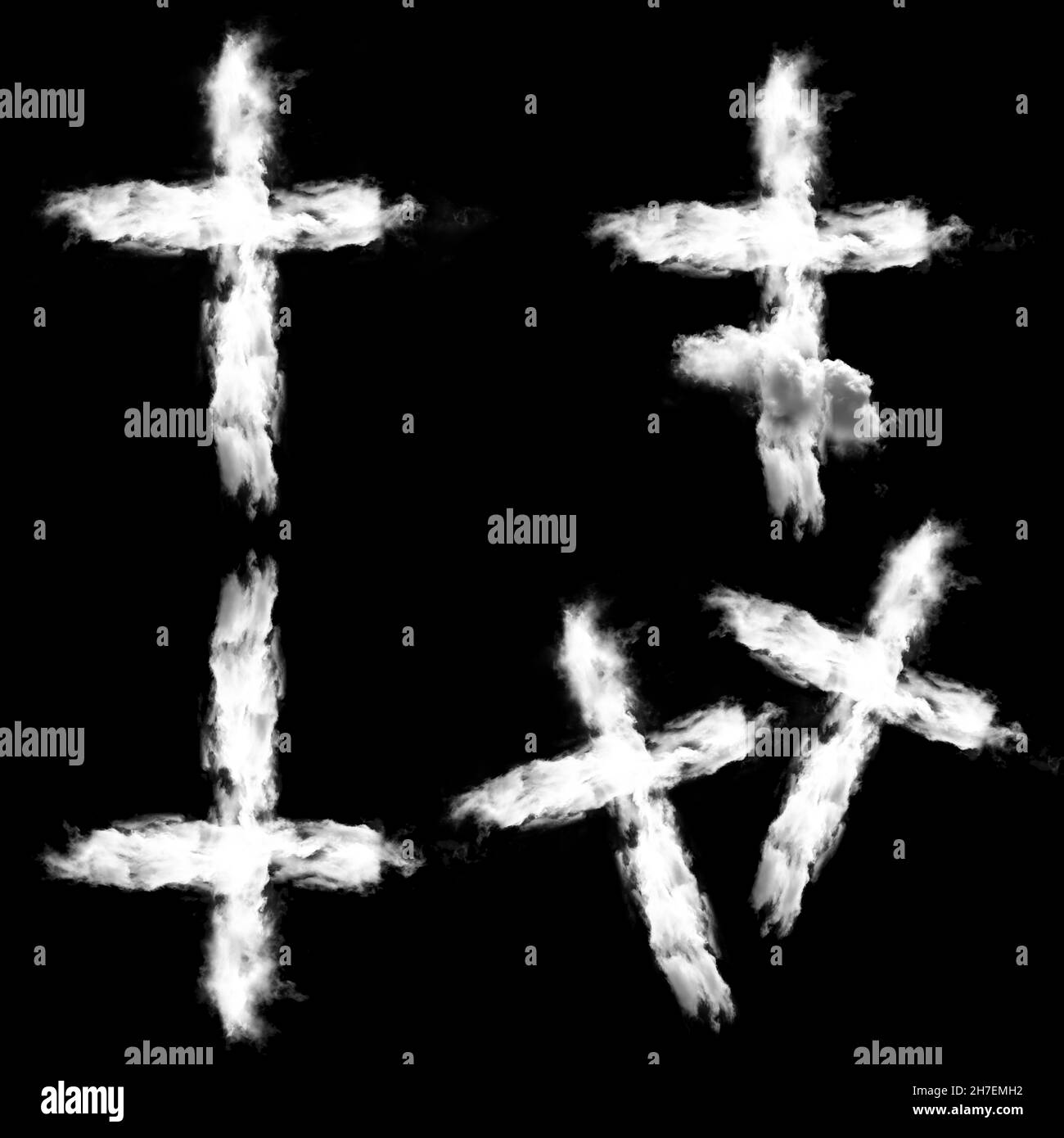 Cross shaped clouds set isolated over black background, 3D rendering ...
