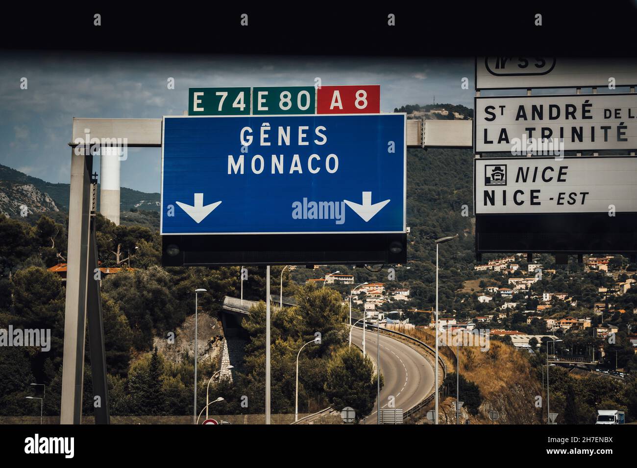 NICE, FRANCE - Aug 07, 2021: The Monaco Genes indicator on the highway ...