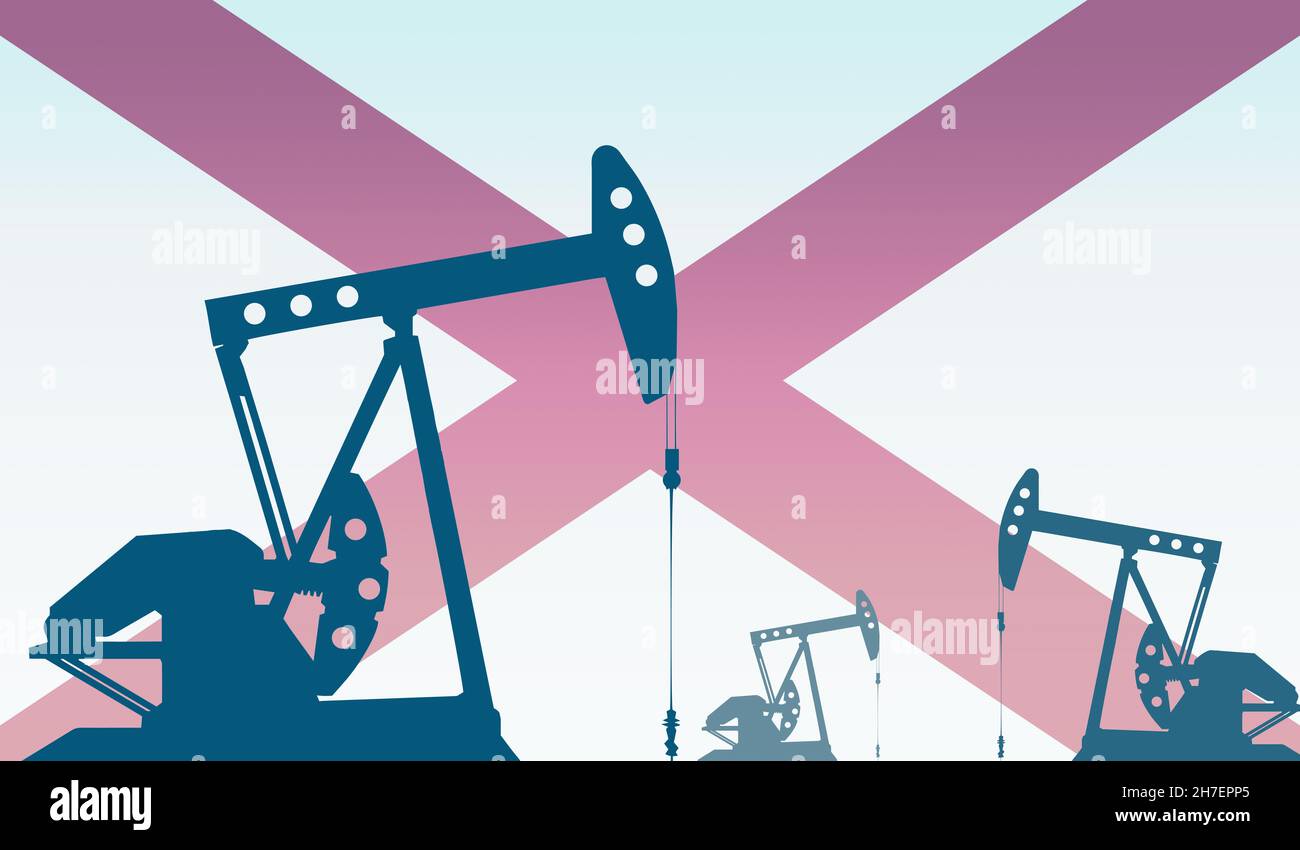 silhouette of oil pump against flag of Alabama state USA. Extraction ...