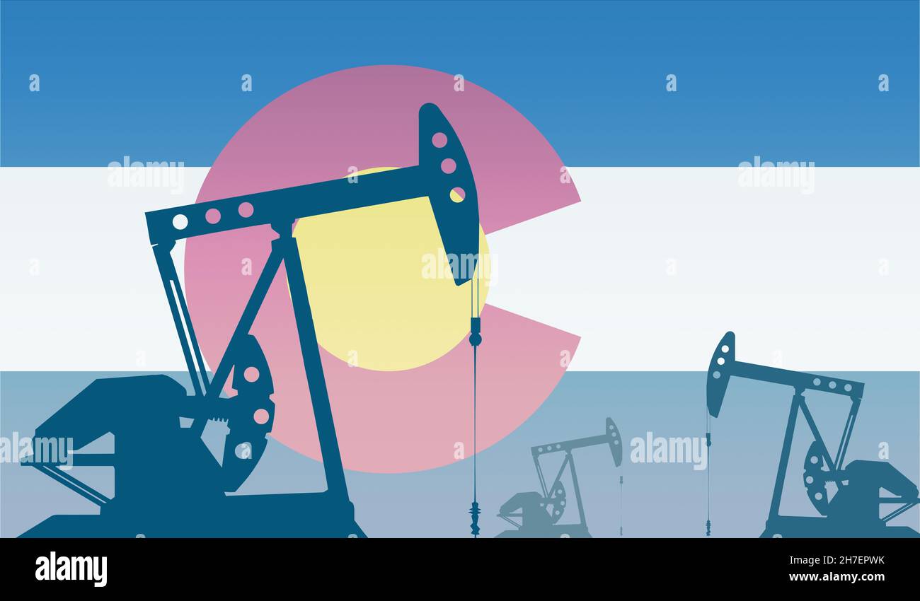 silhouette of oil pump against flag of Colorado state USA. Extraction ...