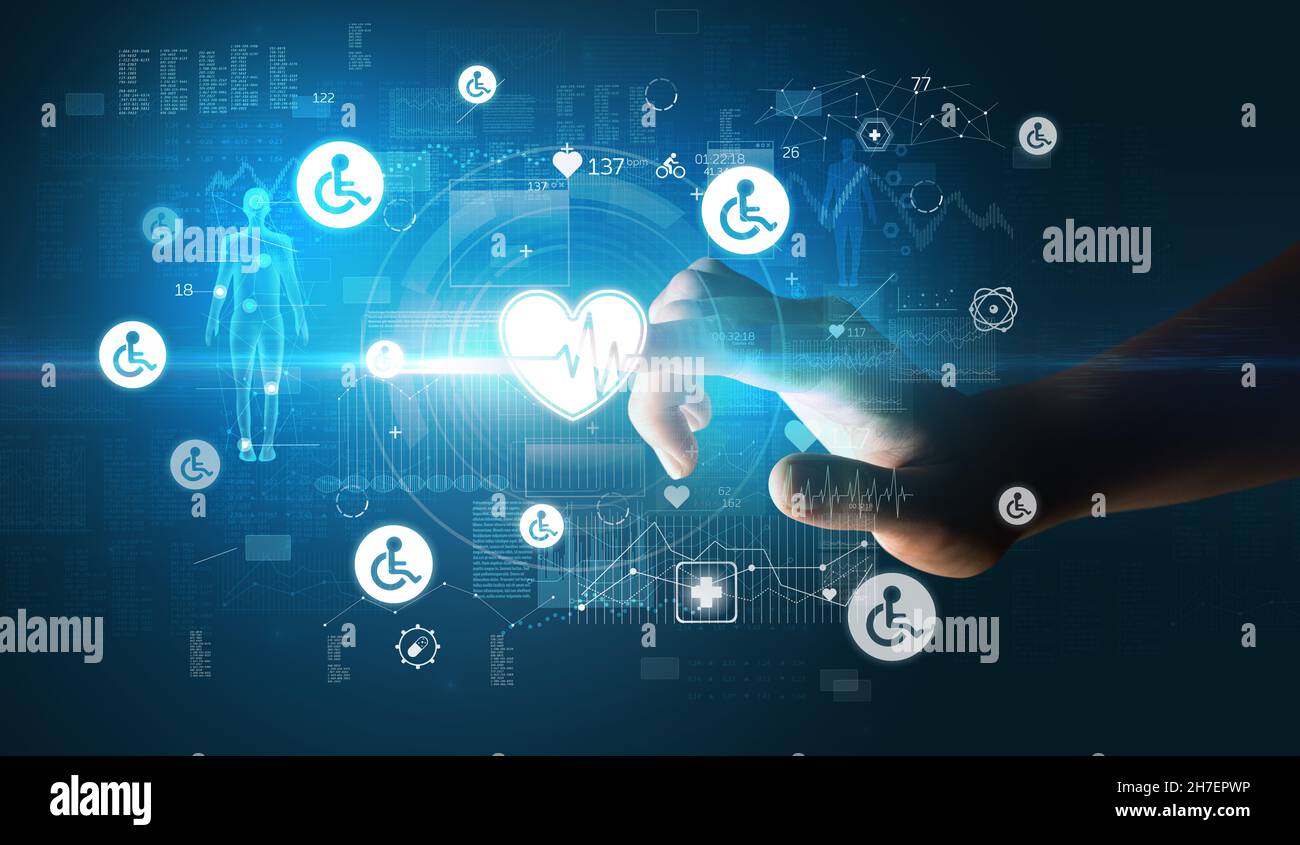 Doctor hand pressing futuristic health device with medical symbol on screen Stock Photo - Alamy