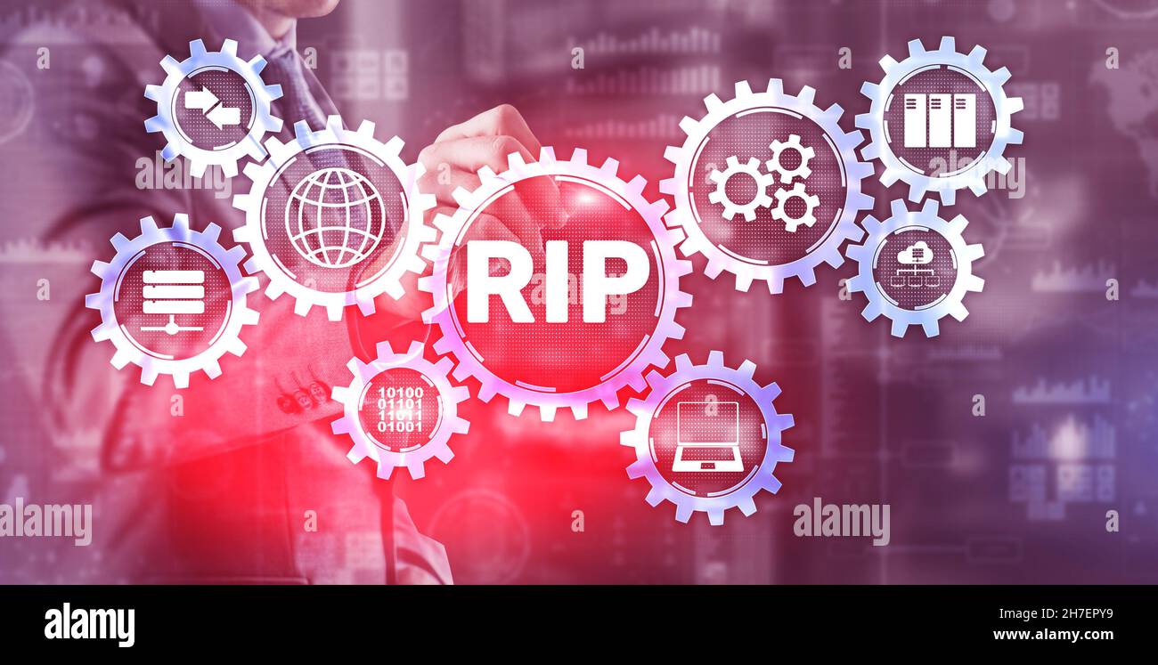 RIP. Businessman pressing virtual screen Routing Information Protocol ...