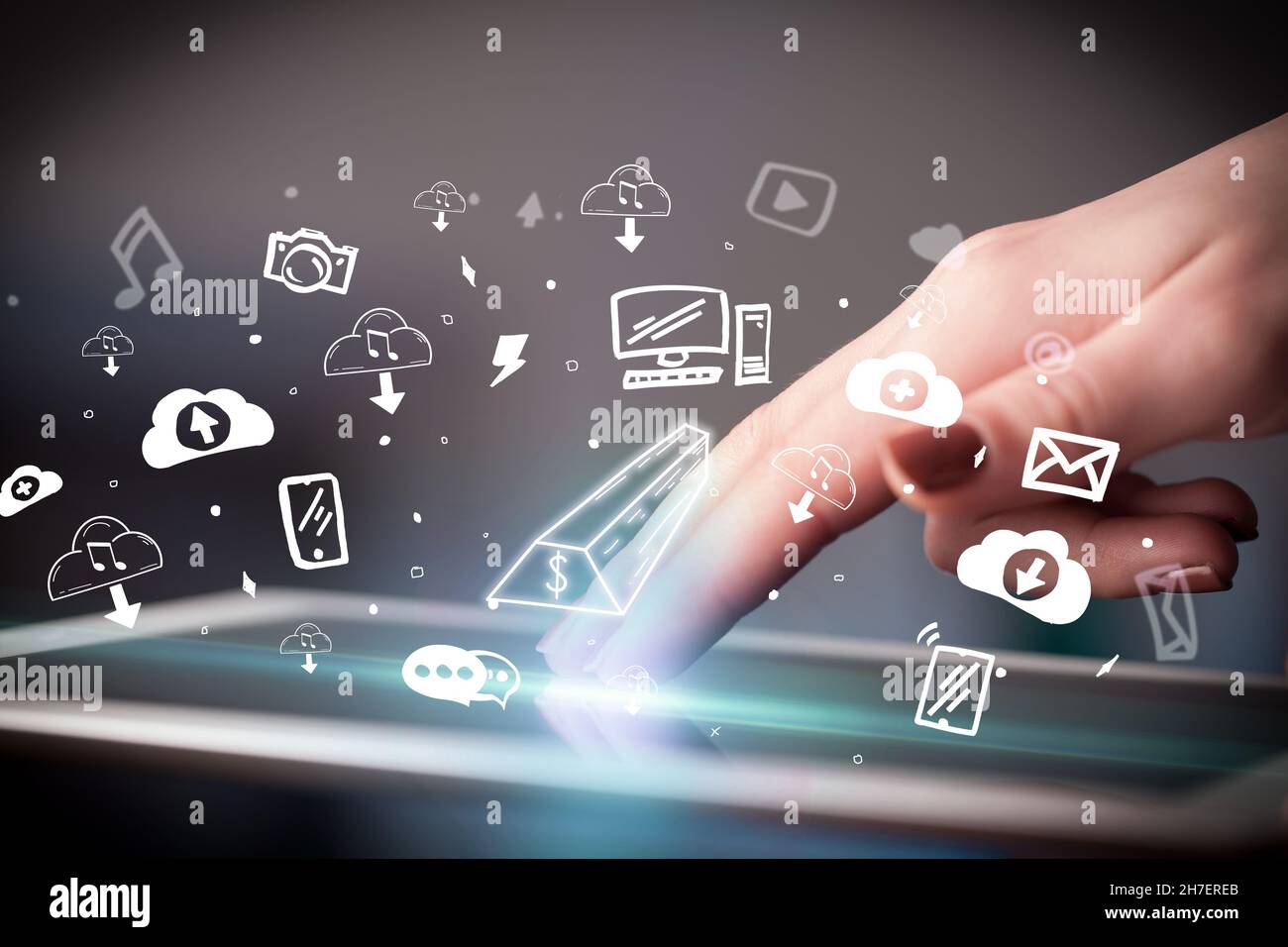 Close-up of a touchscreen with hand drawn icons Stock Photo - Alamy
