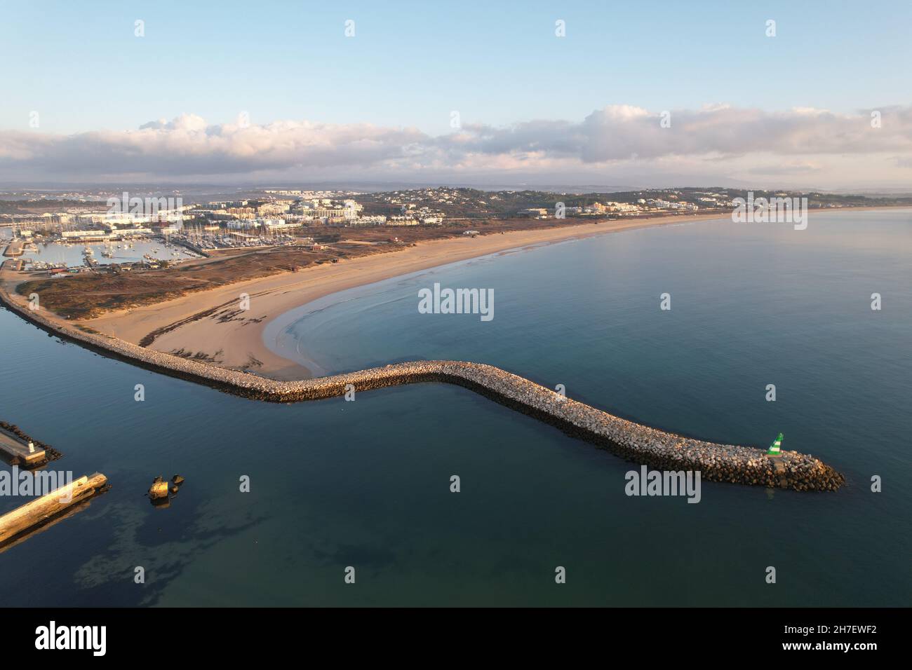 Aerial from the city Lagos in the Algarve Portugal at sunrise marina ...