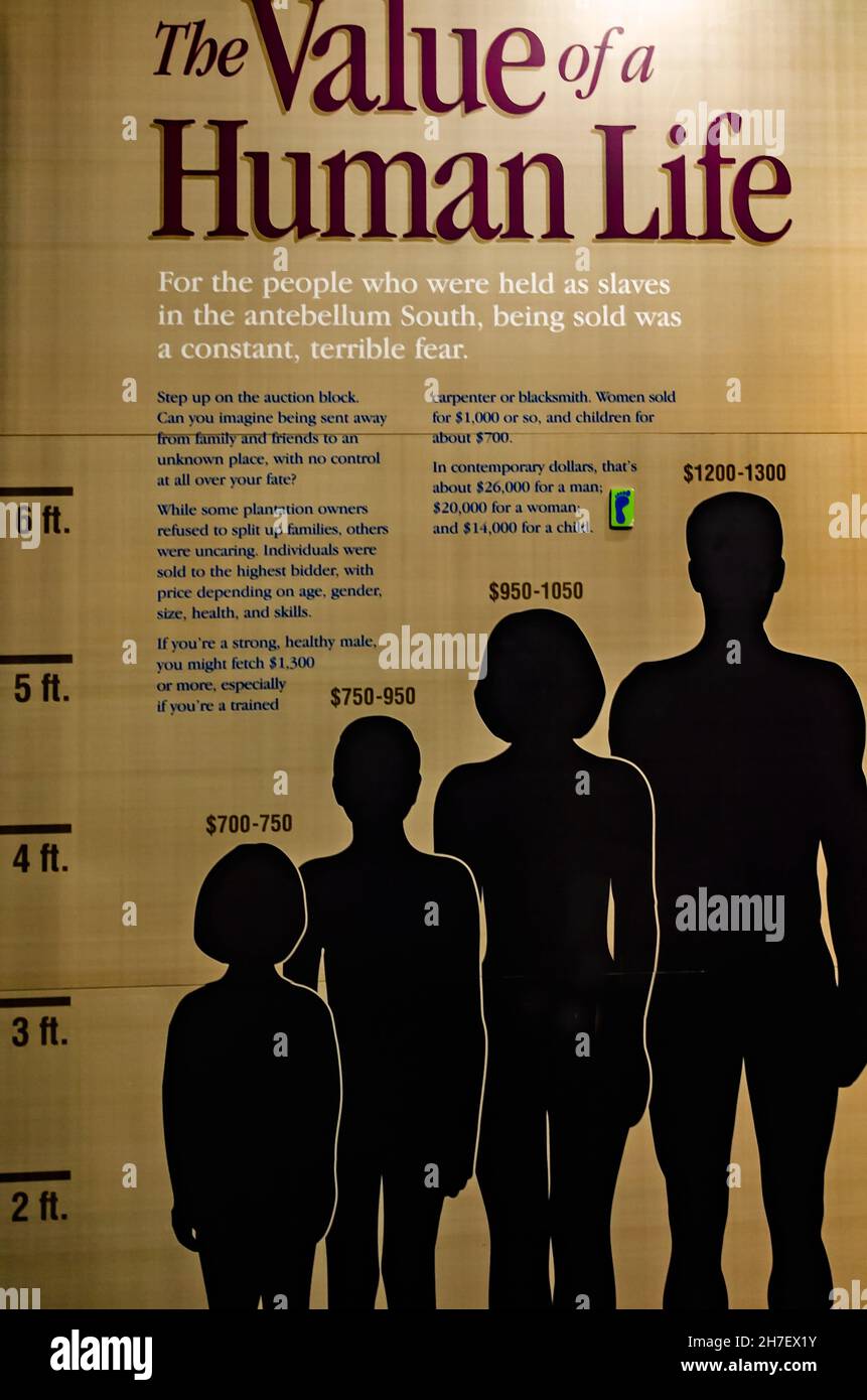 A slavery exhibit shows the prices of male, female, and child slaves at ...
