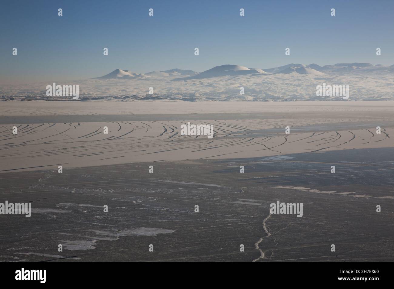 Aerial view of Lake Sevan covered with ice captured in winter Stock ...