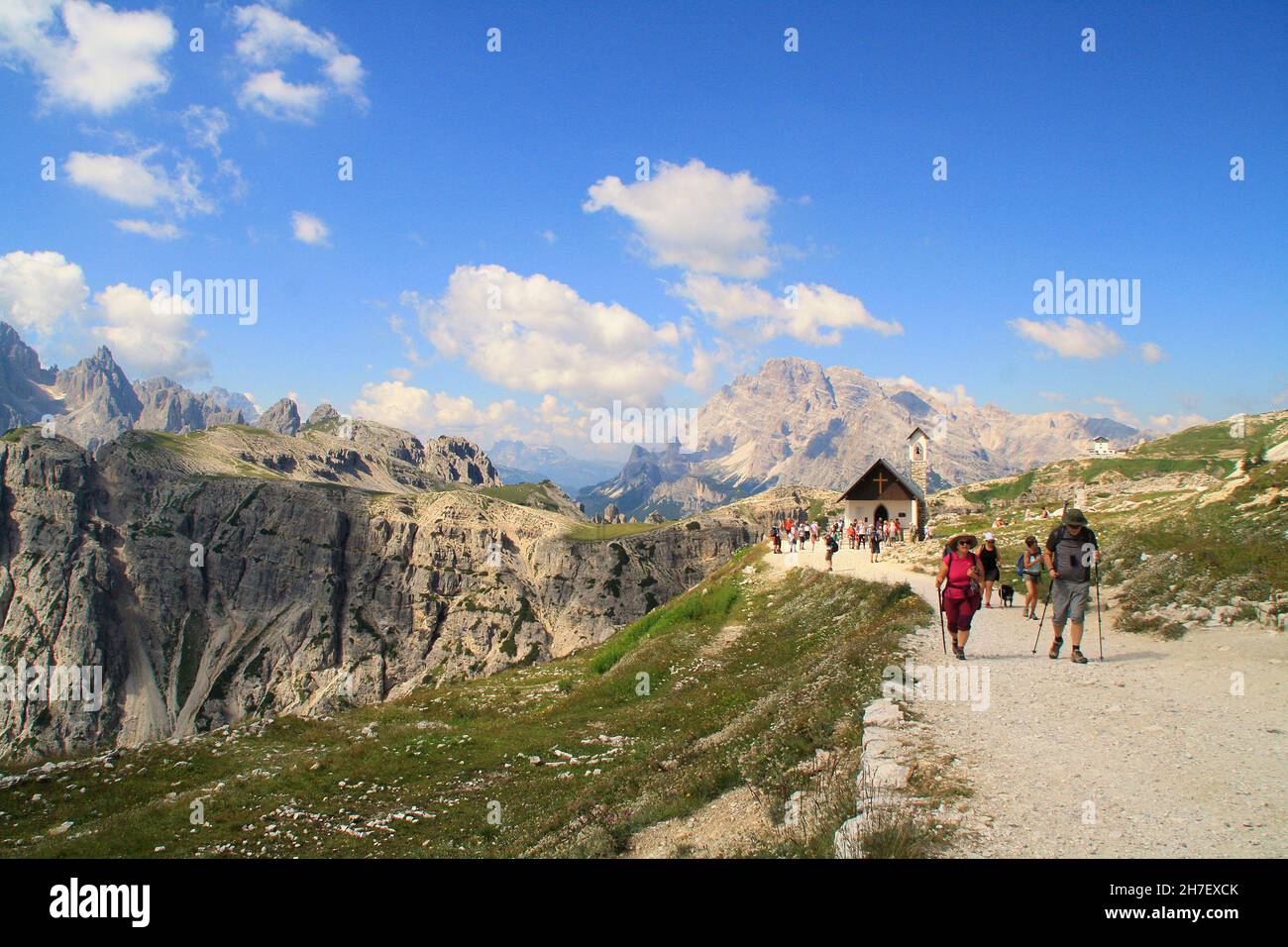 Mountain landscape with people hiking in the Dolomites, Italy Stock ...