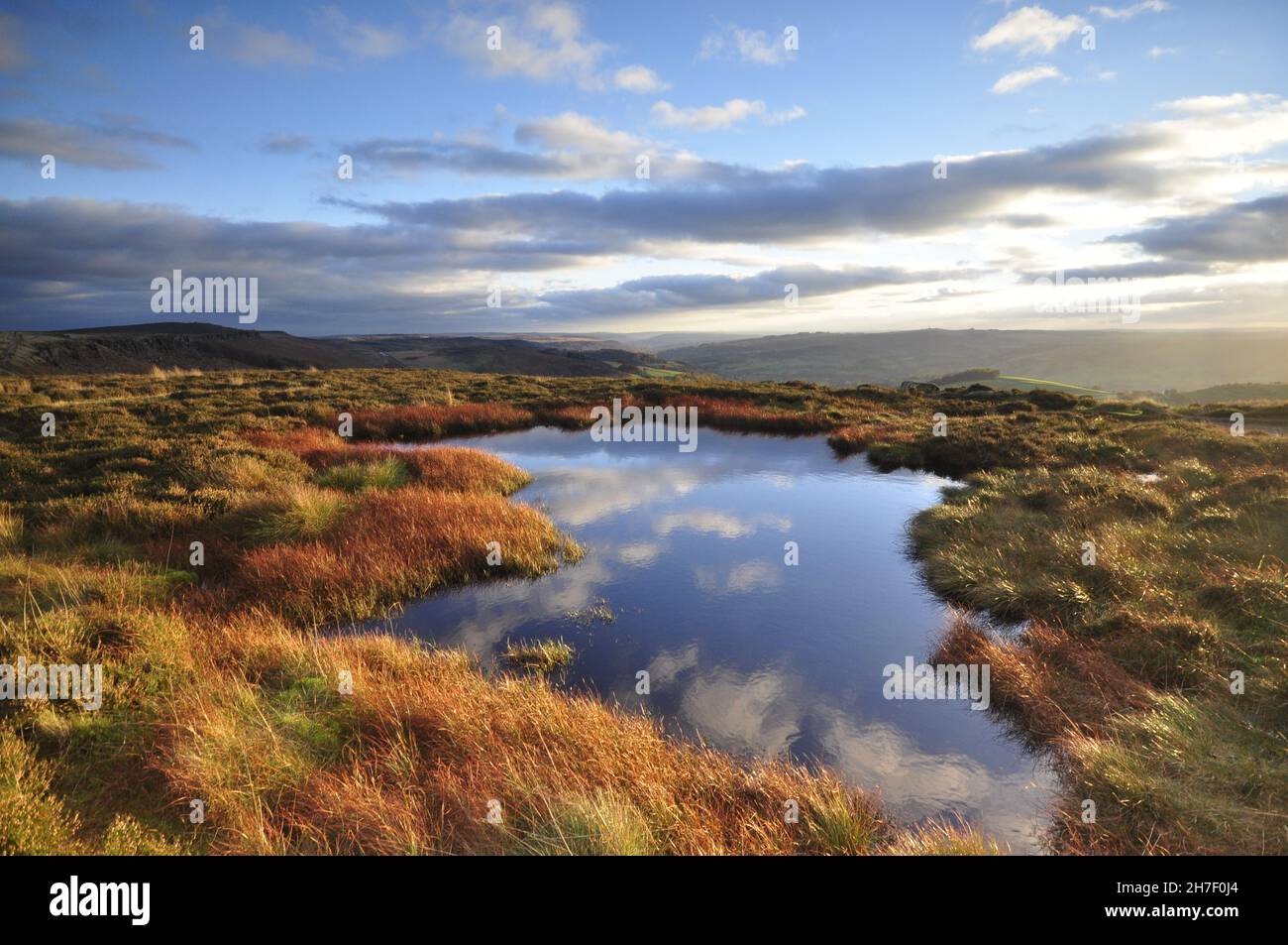 Sunset on Stanage Edge in the Peak District National Park. Reflections ...