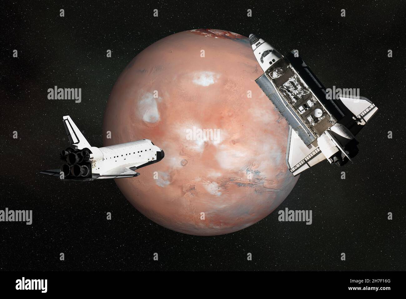 Flying space shuttles close to the Mars planet with atmosphere. 3D ...