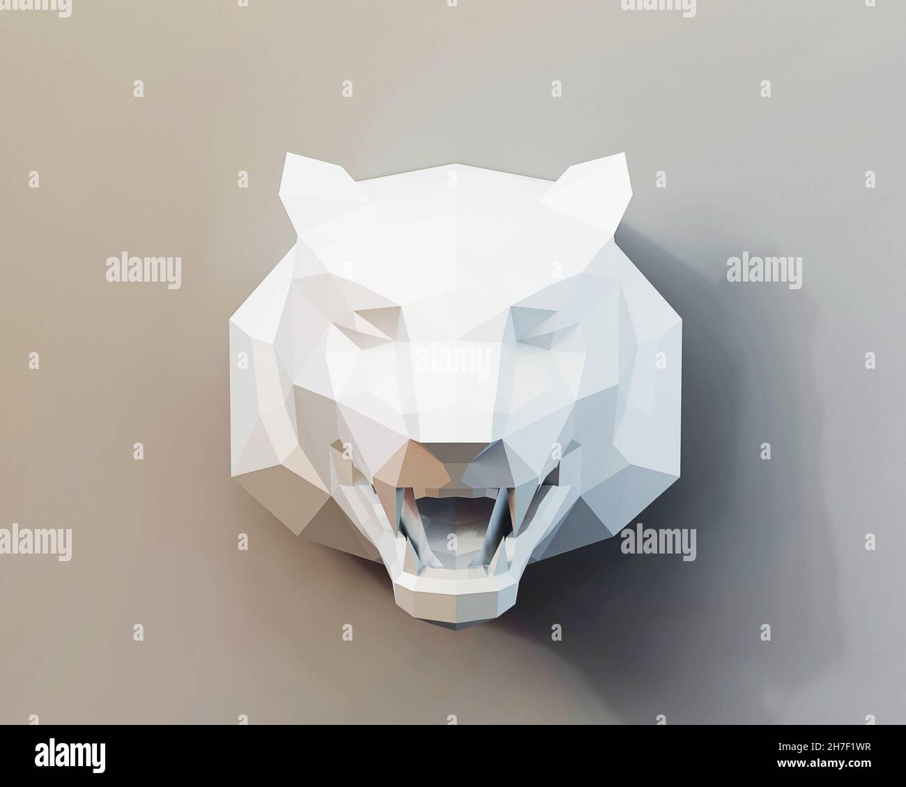 white low poly tiger head on gray background, paper animal trophy on ...