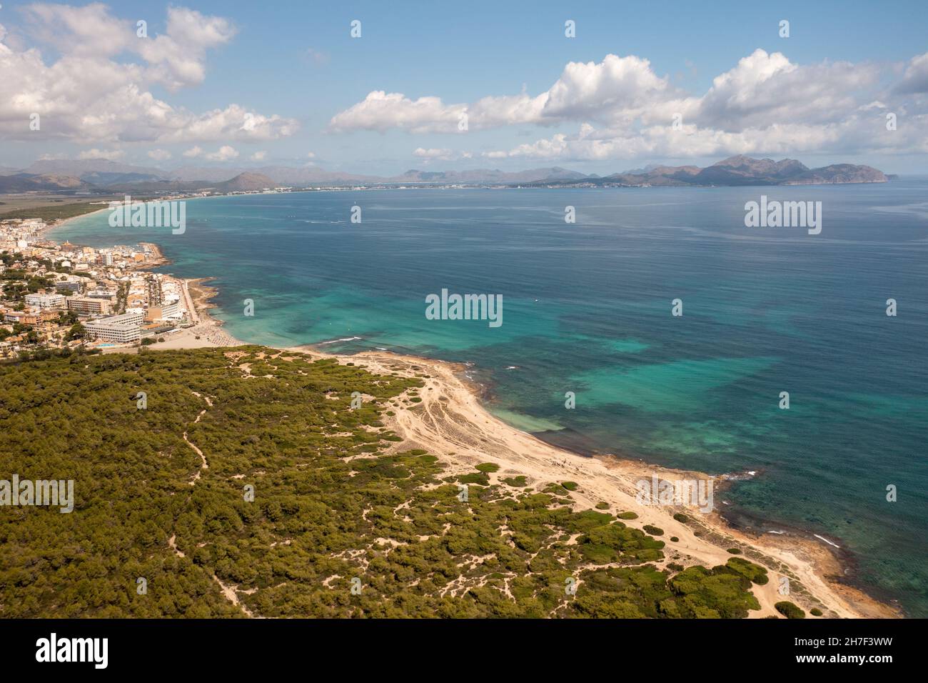 Aerial drone photo of the beach front on the Spanish island of Majorca ...