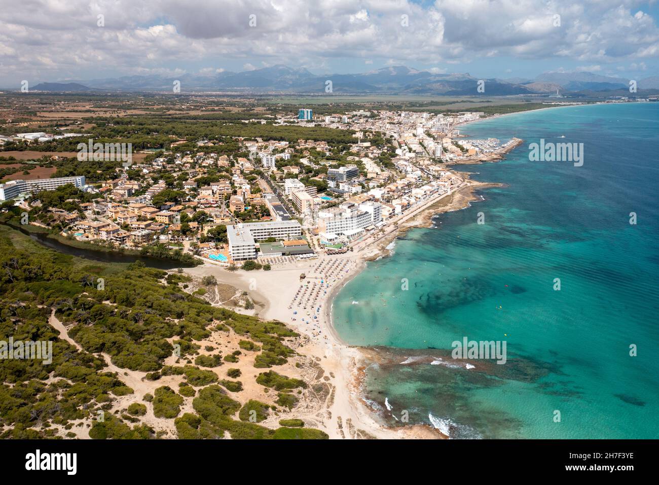 Aerial drone photo of the beach front on the Spanish island of Majorca ...