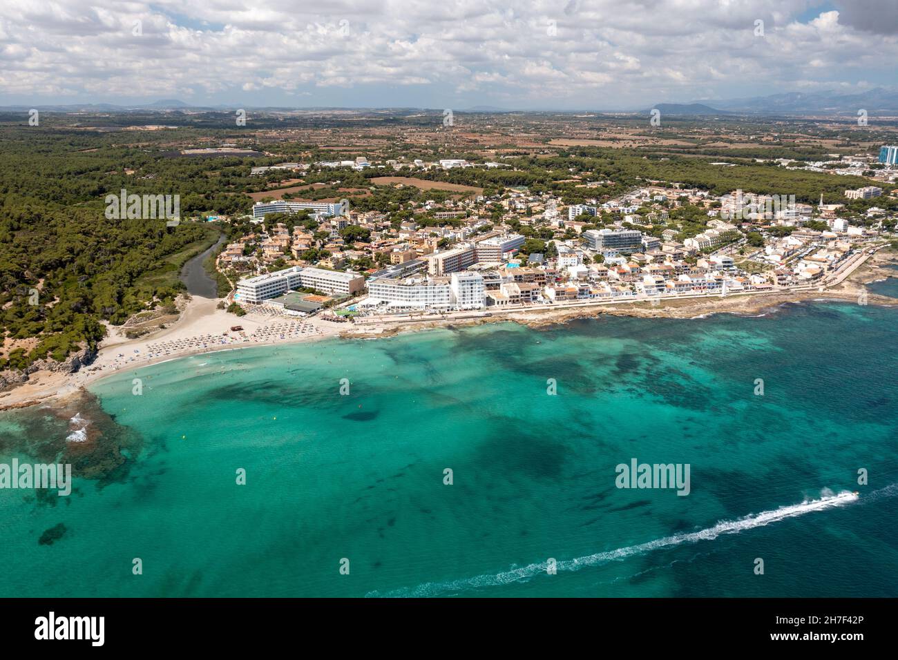 Aerial drone photo of the beach front on the Spanish island of Majorca ...