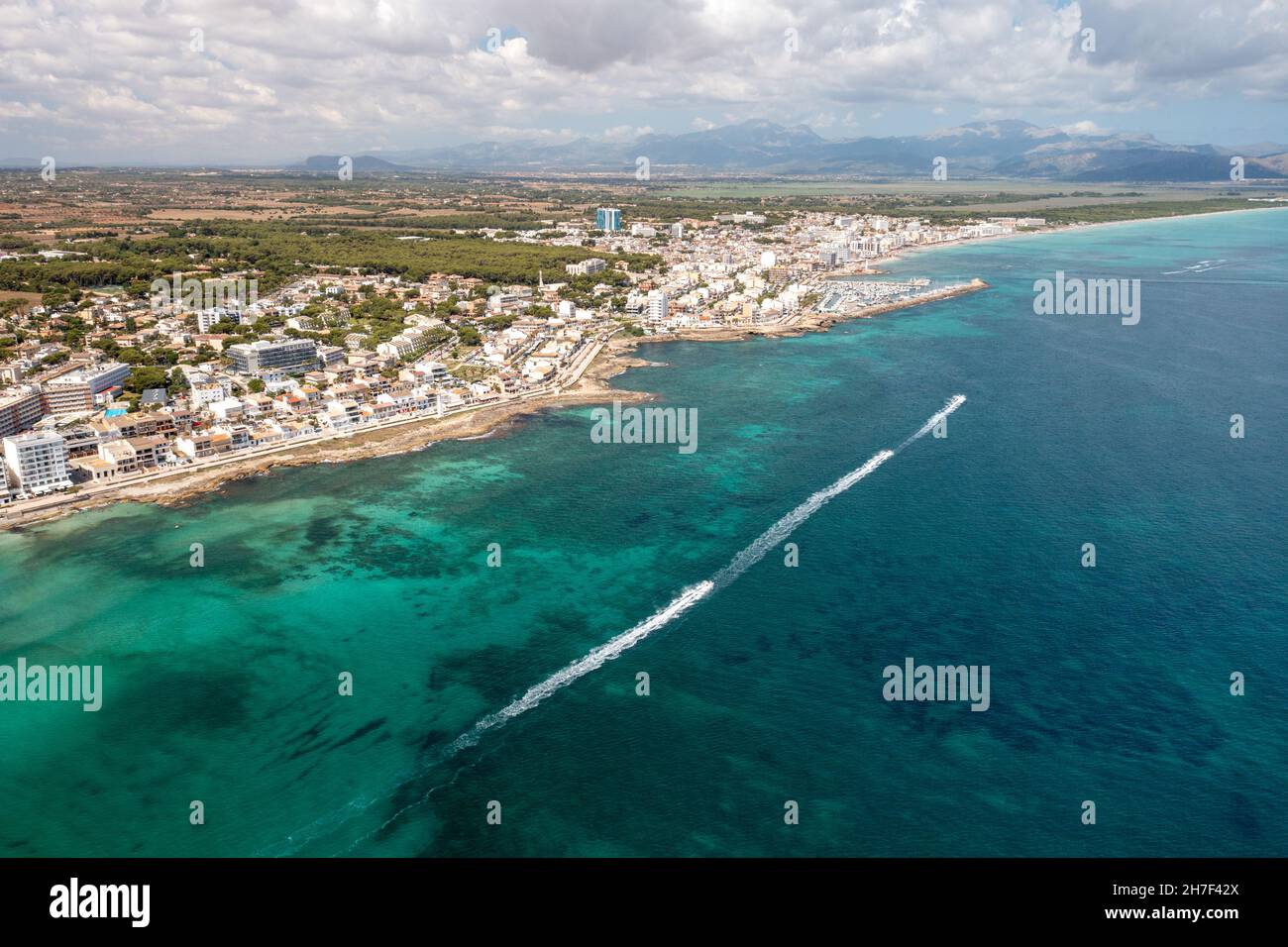 Aerial drone photo of the beach front on the Spanish island of Majorca ...