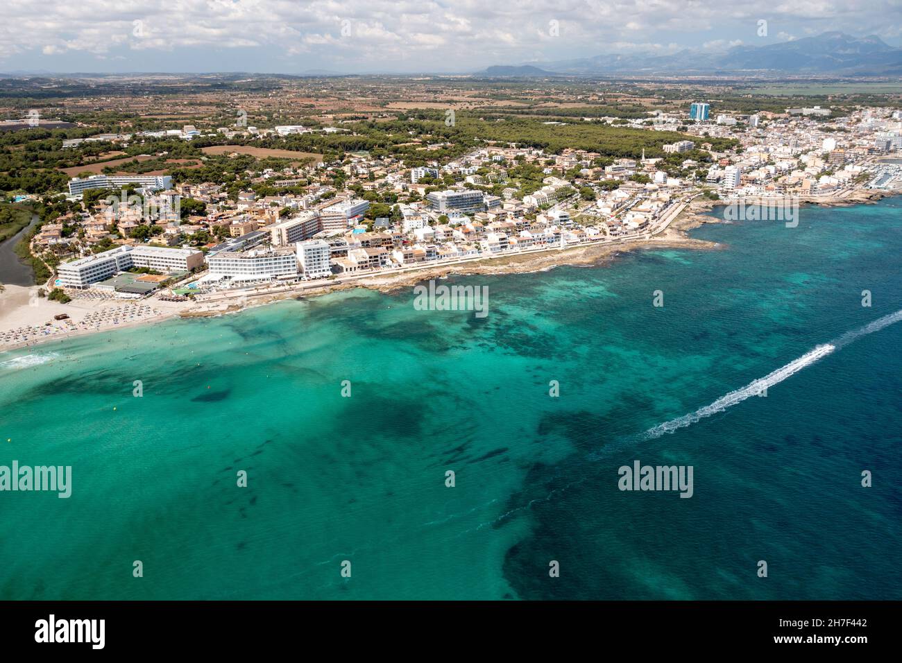 Aerial drone photo of the beach front on the Spanish island of Majorca ...