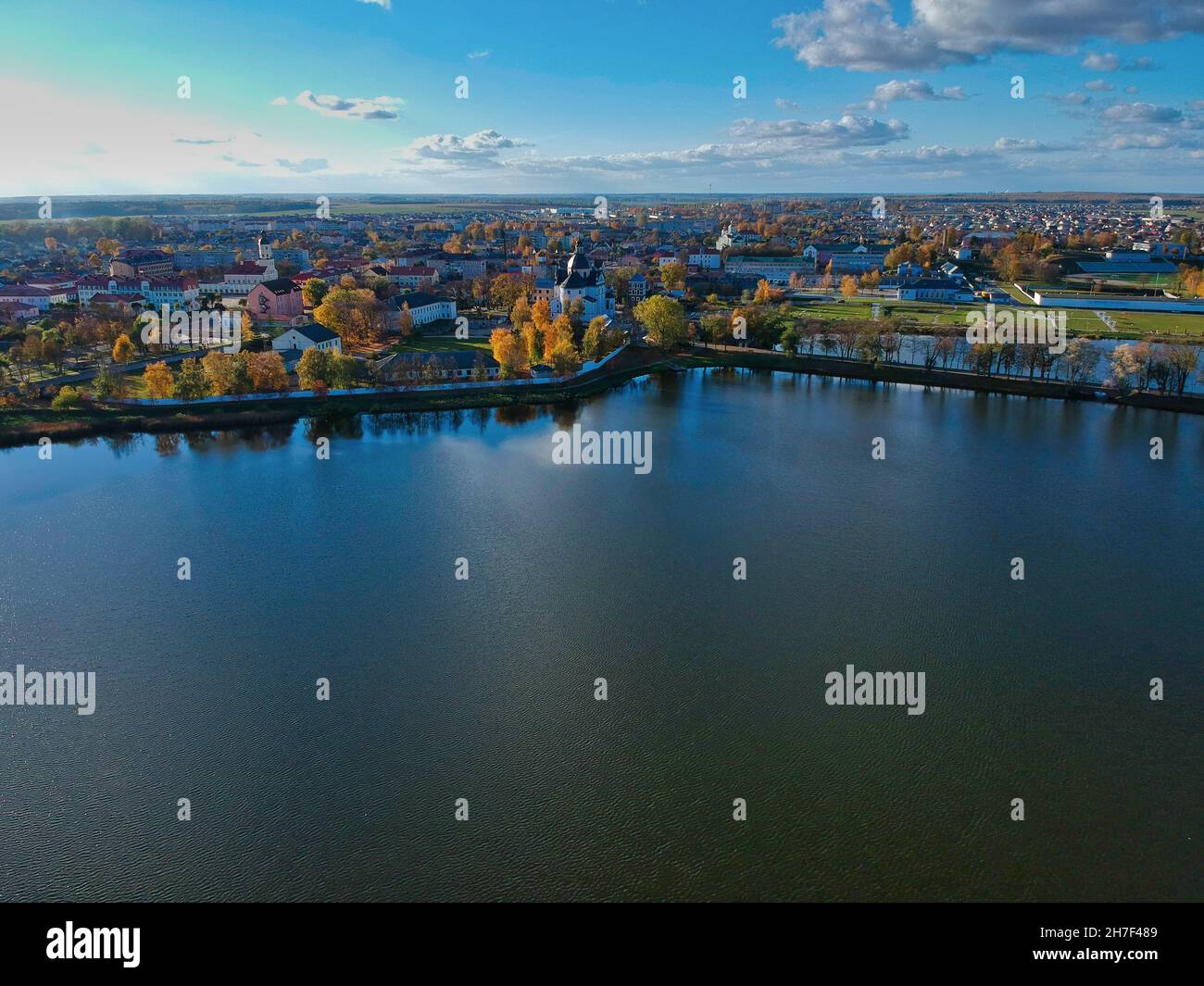 Aerial view of the buildings, lakes and parks in the Minsk region ...