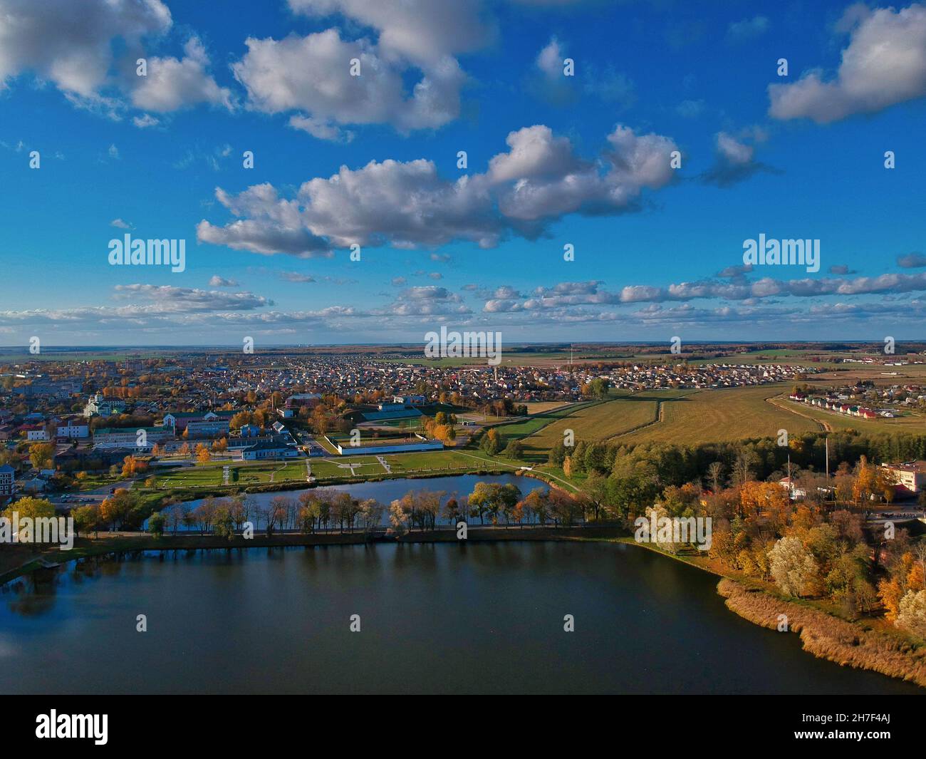 Aerial view of the buildings, lakes and parks in the Minsk region ...