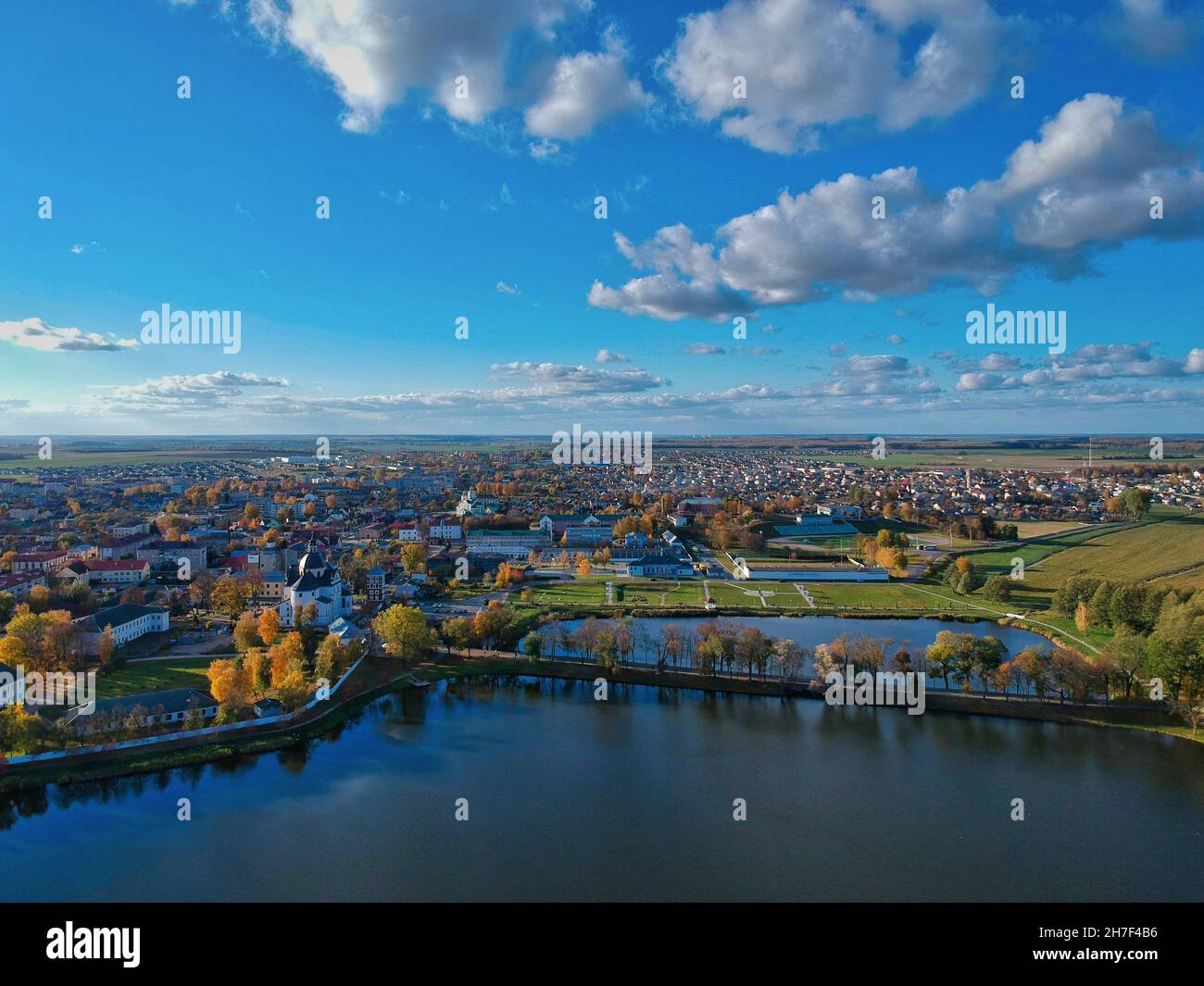 Aerial view of the buildings, lakes and parks in the Minsk region ...