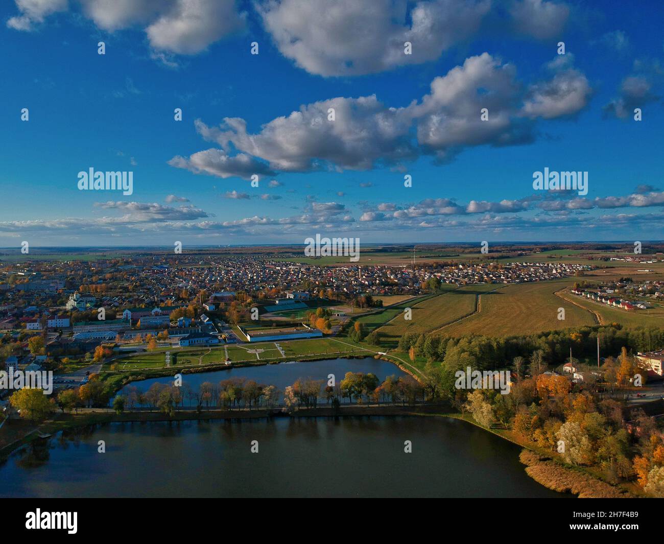 Aerial view of the buildings, lakes and parks in the Minsk region ...