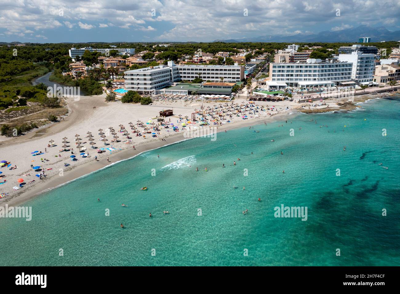 Aerial drone photo of the beach front on the Spanish island of Majorca ...