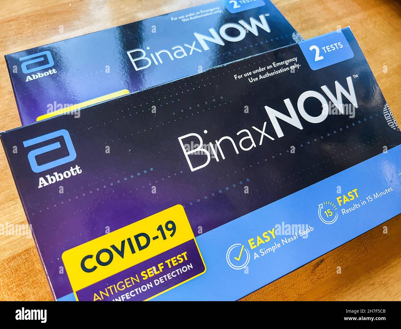 The BinaxNOW COVID-19 Self Test by Abbott Laboratories is displayed in ...