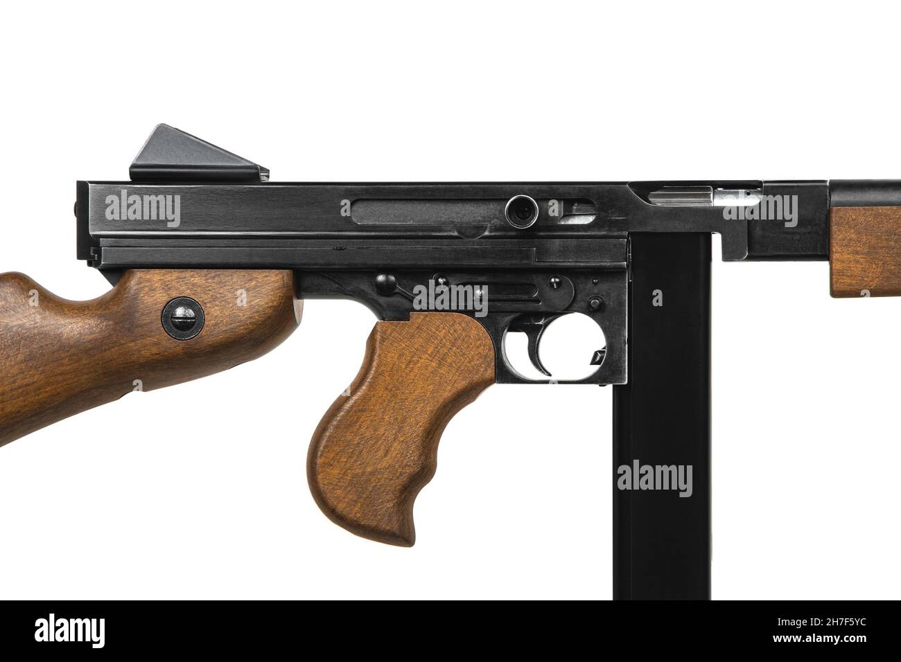 Vintage Submachine Gun Tommy Gun Close Up Of Army And Mafia Weapons Isolate On A White