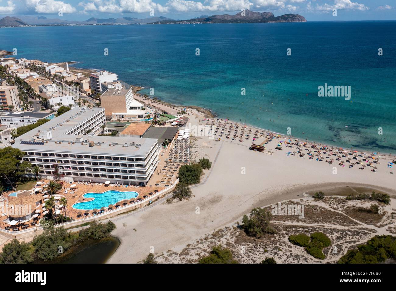 Aerial drone photo of the beach front on the Spanish island of Majorca ...